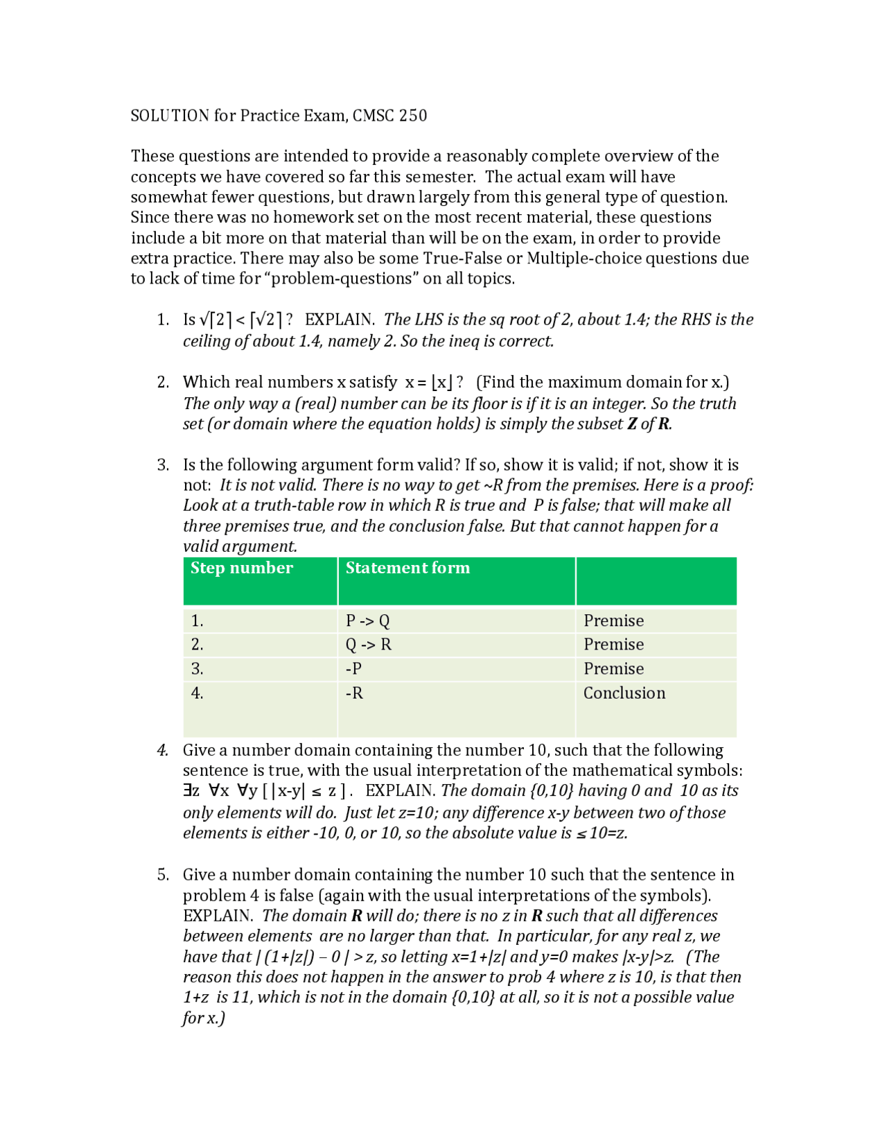 Practice Exam 1 Solutions Discrete Structures Cmsc 250 Docsity