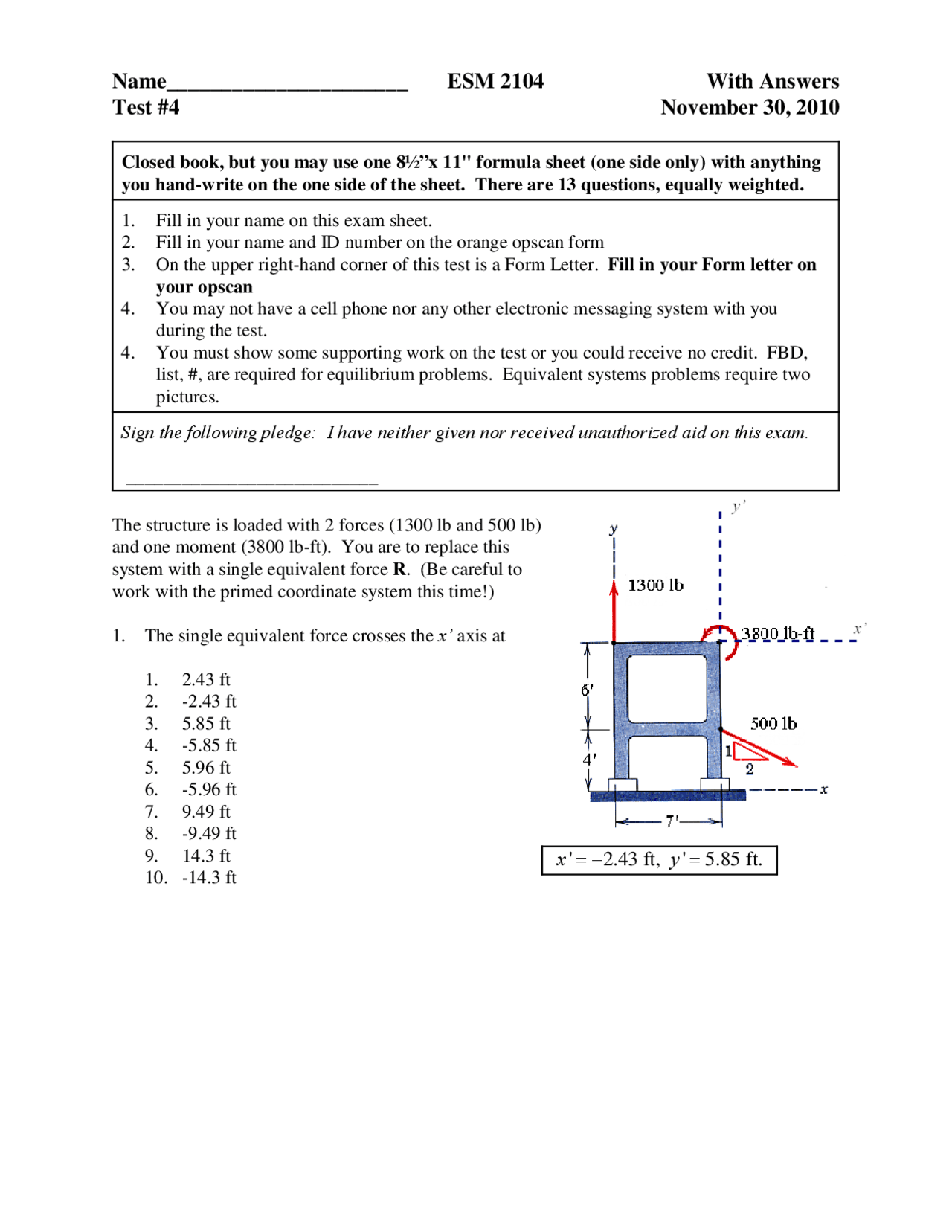 Test 4 With Answers Statics Fall 2010 Esm 2104 Docsity