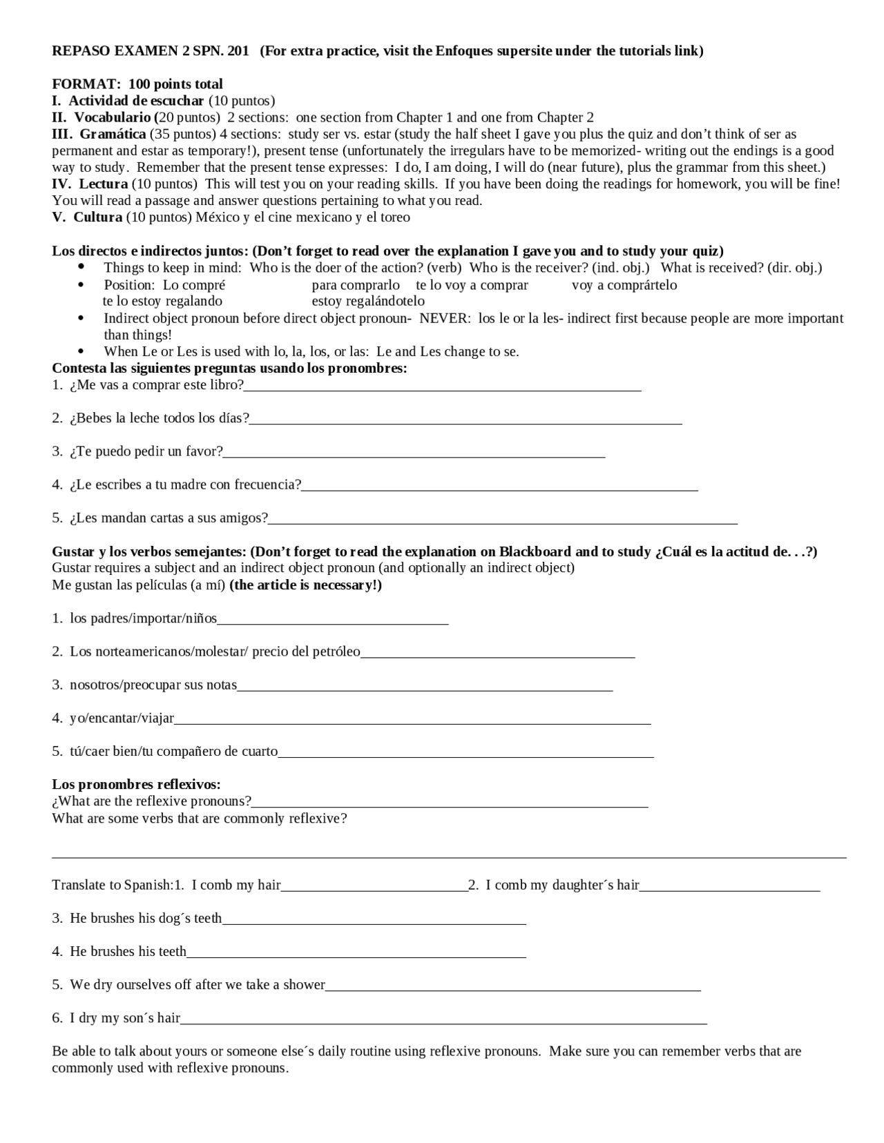 Repaso Examen 2 - Intermediate Spanish I | SPN 201 | Study notes ...