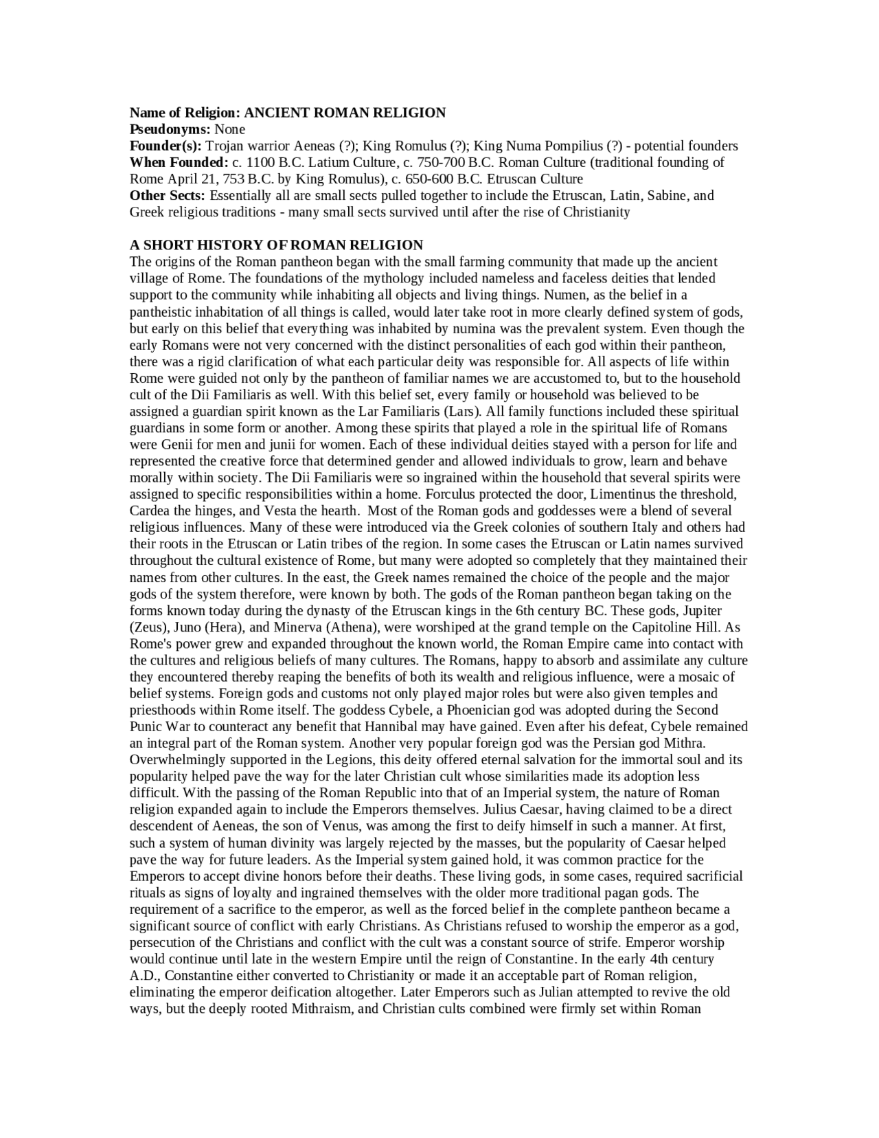 Ancient Roman Religion Lecture Notes Phil 250e Docsity