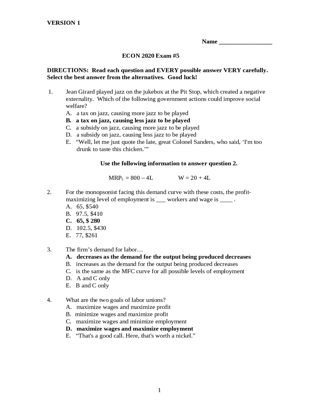 Solutions To Exam 5 For Principles Of Microeconomics Econ 2020 Docsity