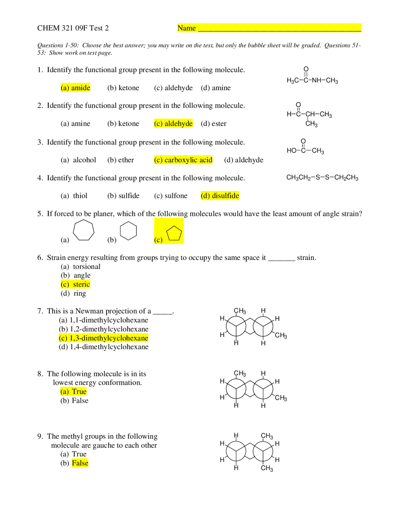 Test 2 Questions with Answers - Organic Chemistry 1 | CHEM 321 | Exams ...
