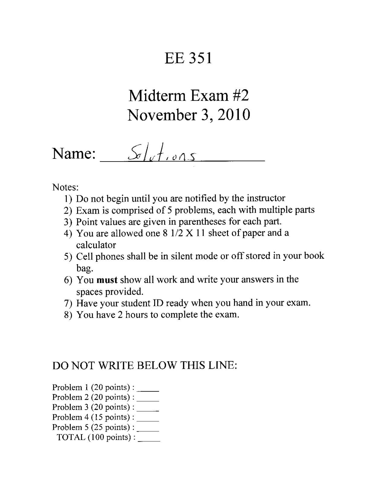 Solved Midterm 2 For Discrete Time Linear Systems Fall 2010 E E 351