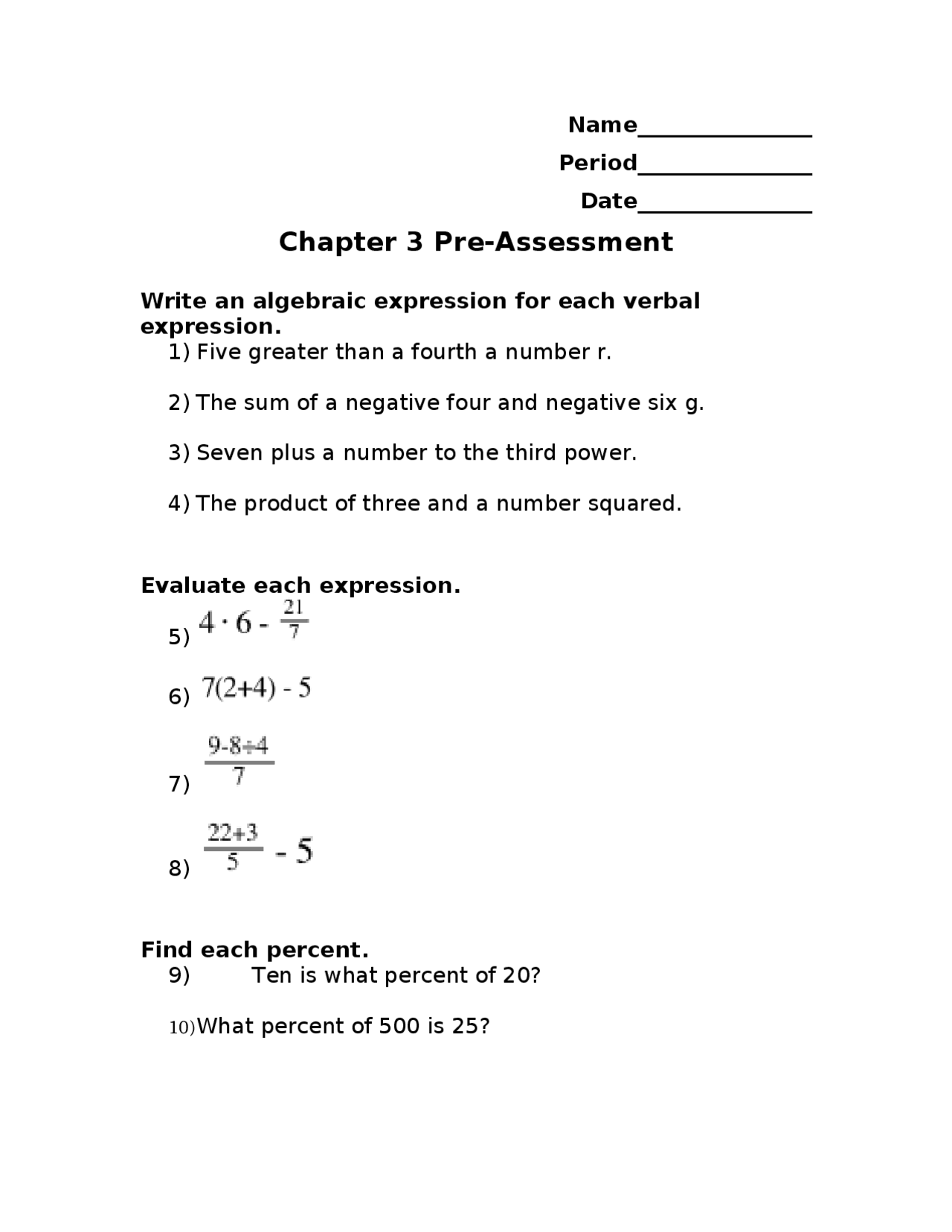 Algebra Pre-Assessment: Writing and Evaluating Expressions and Finding ...