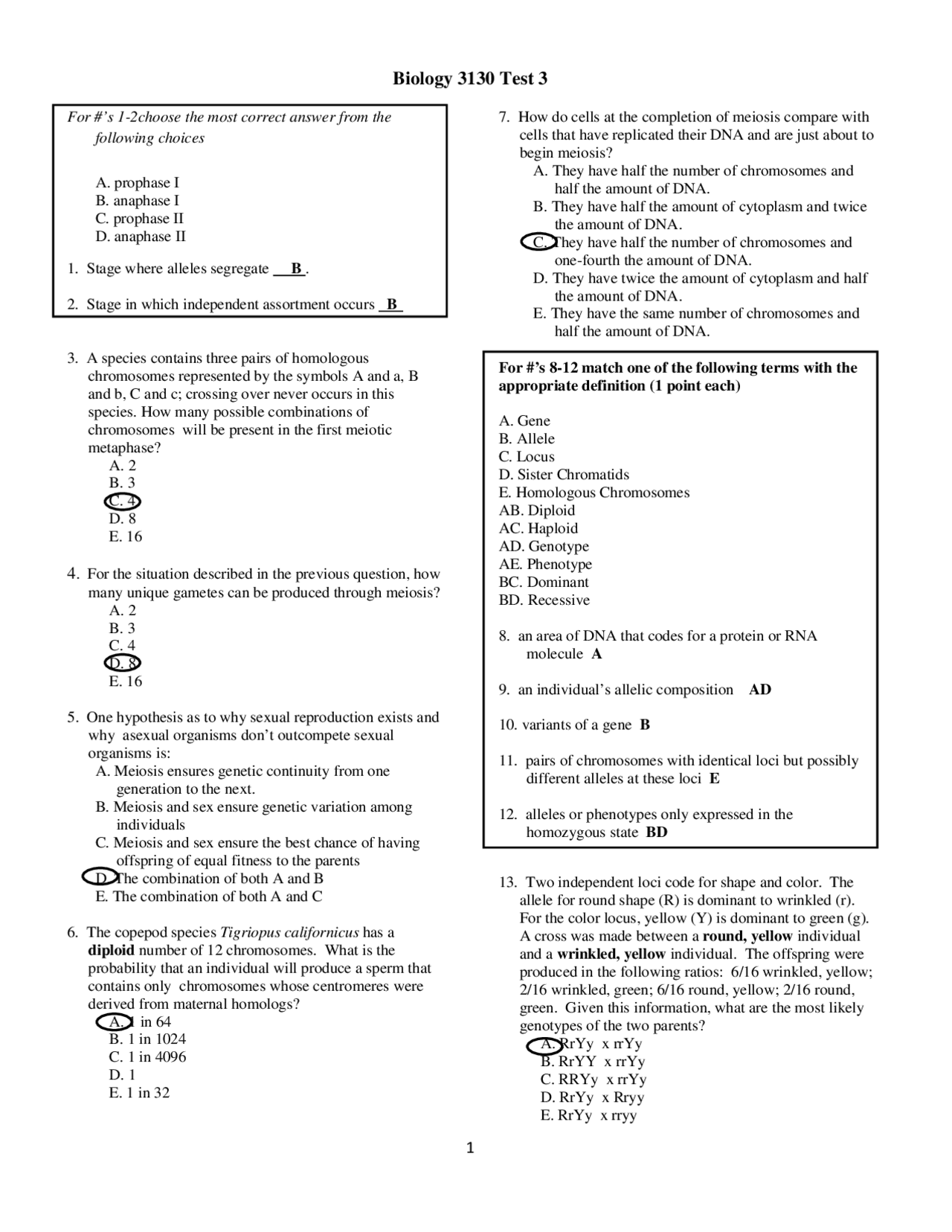 Test 3 with Answer Key for Principles of Genetics | BIOL 3130 | Exams ...