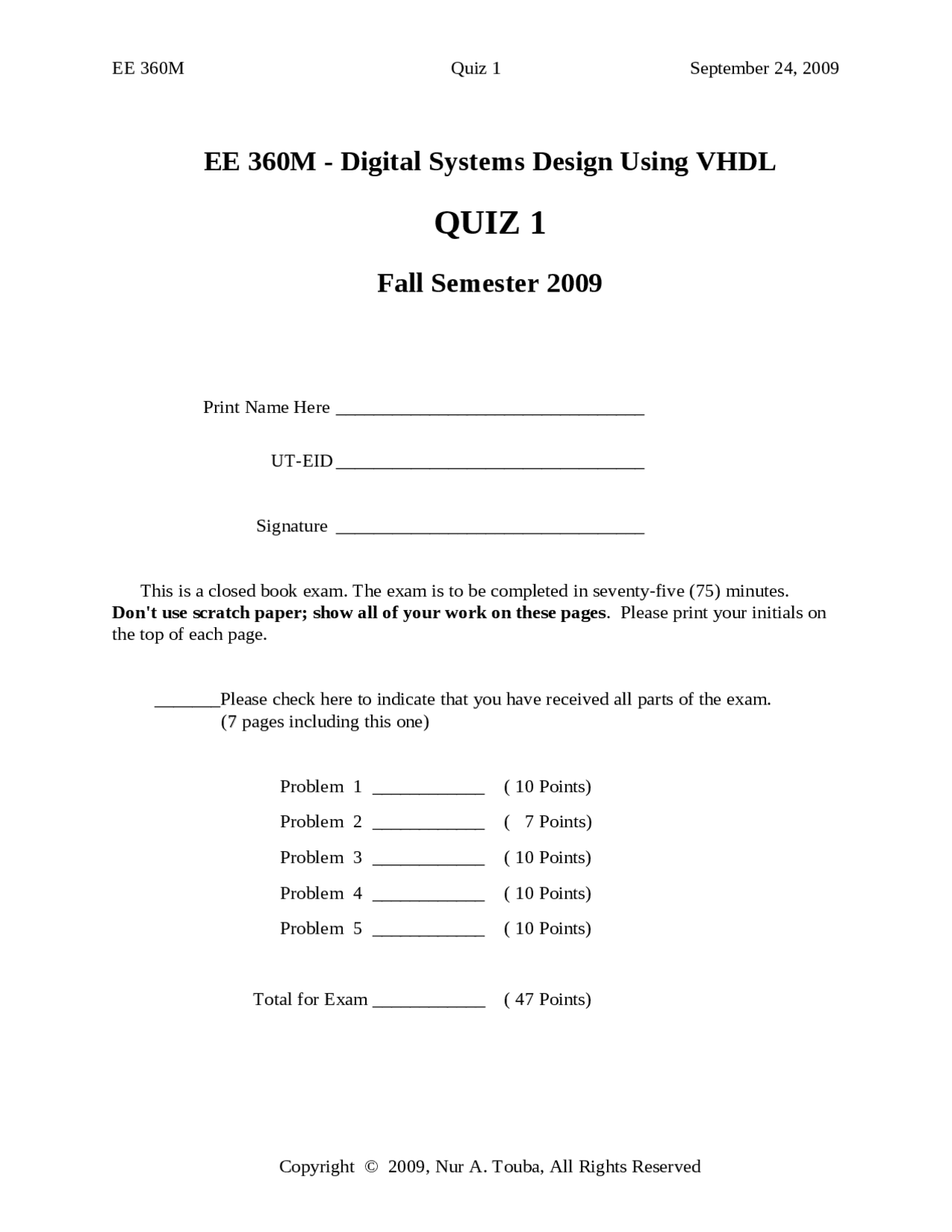 Quiz 1 For Digital Systems Design Using Vhdl E E 360m Exams Electrical And Electronics