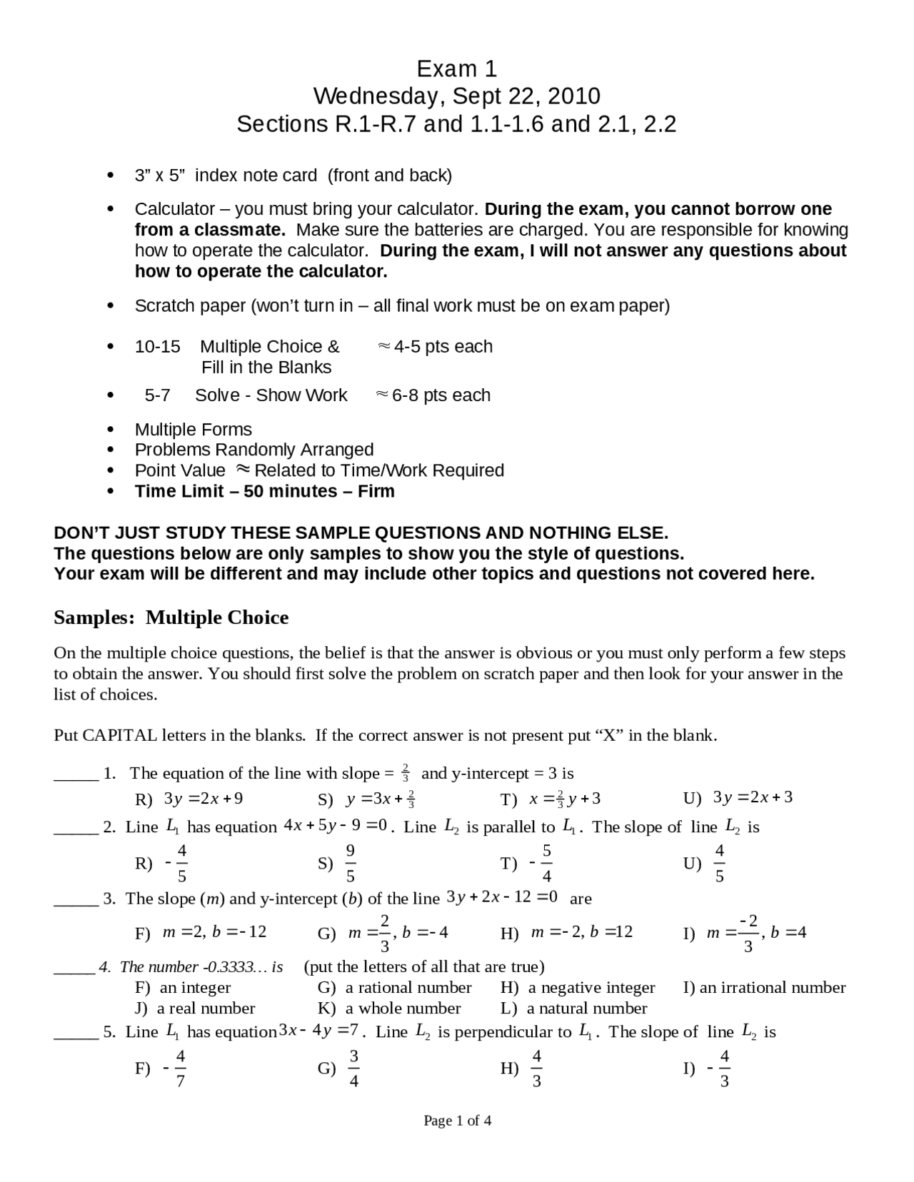 Objective Type Questions - Examination 1 - Fall 2010 | MATH 1513 - Docsity