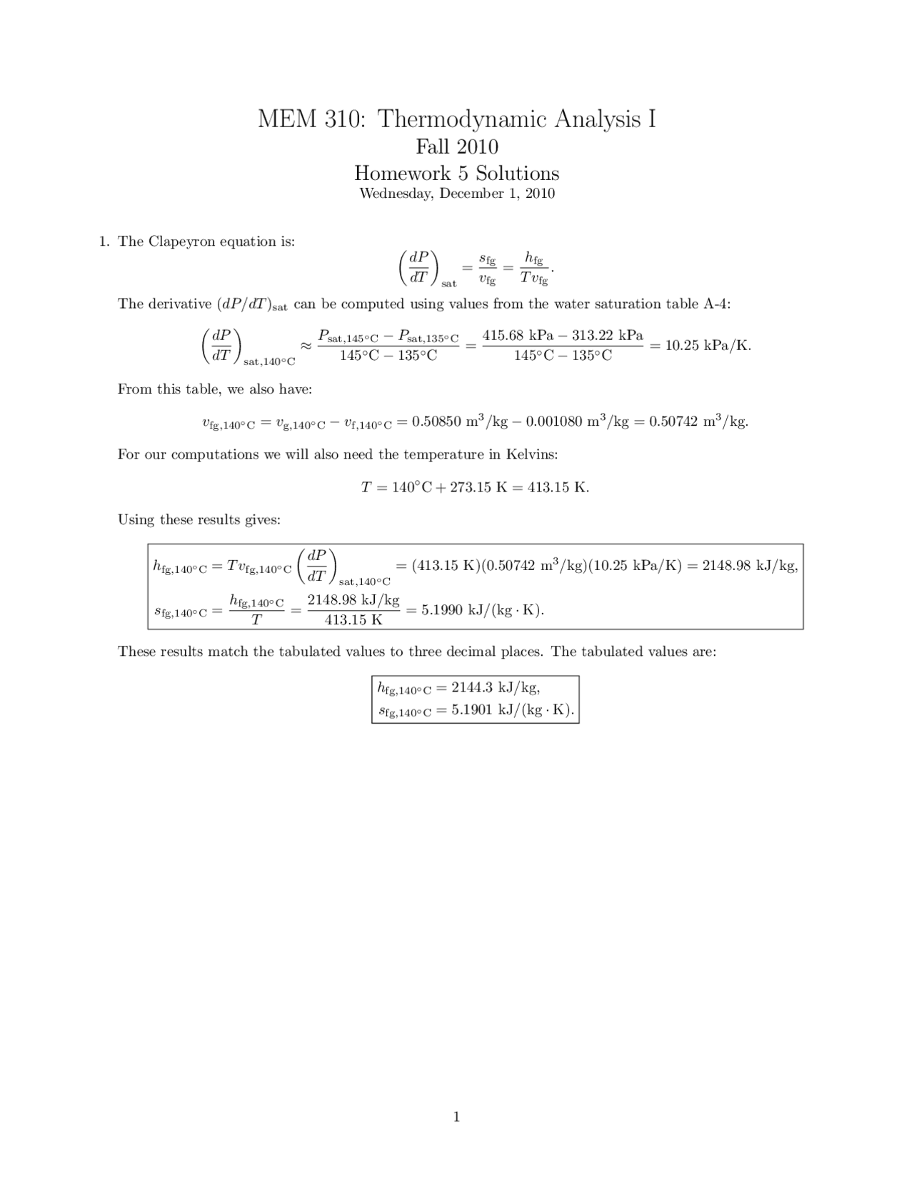 Homework 5 Solutions Thermodynamic Analysis I Mem 310 Docsity