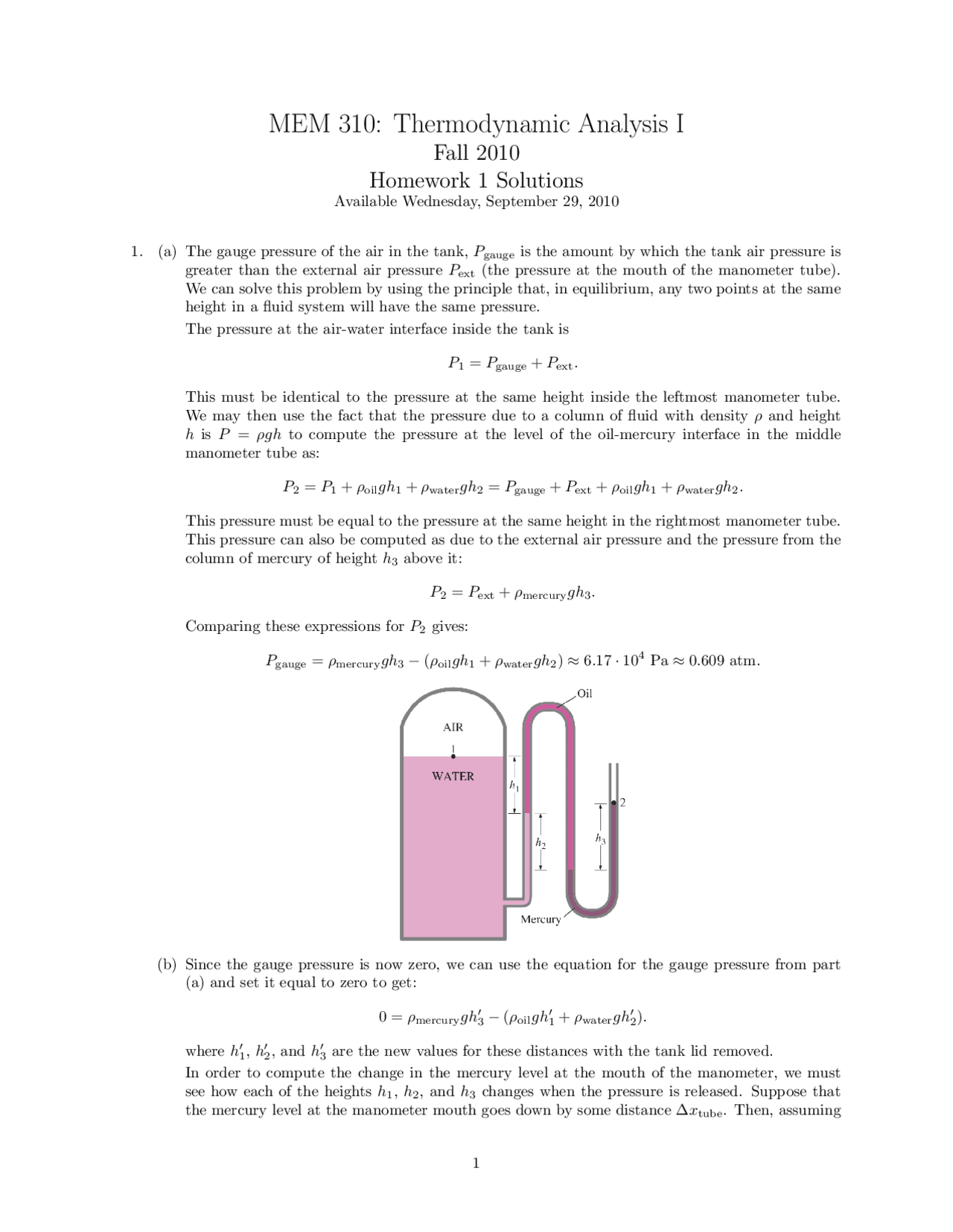 Homework 1 Solutions Thermodynamic Analysis I Mem 310 Docsity