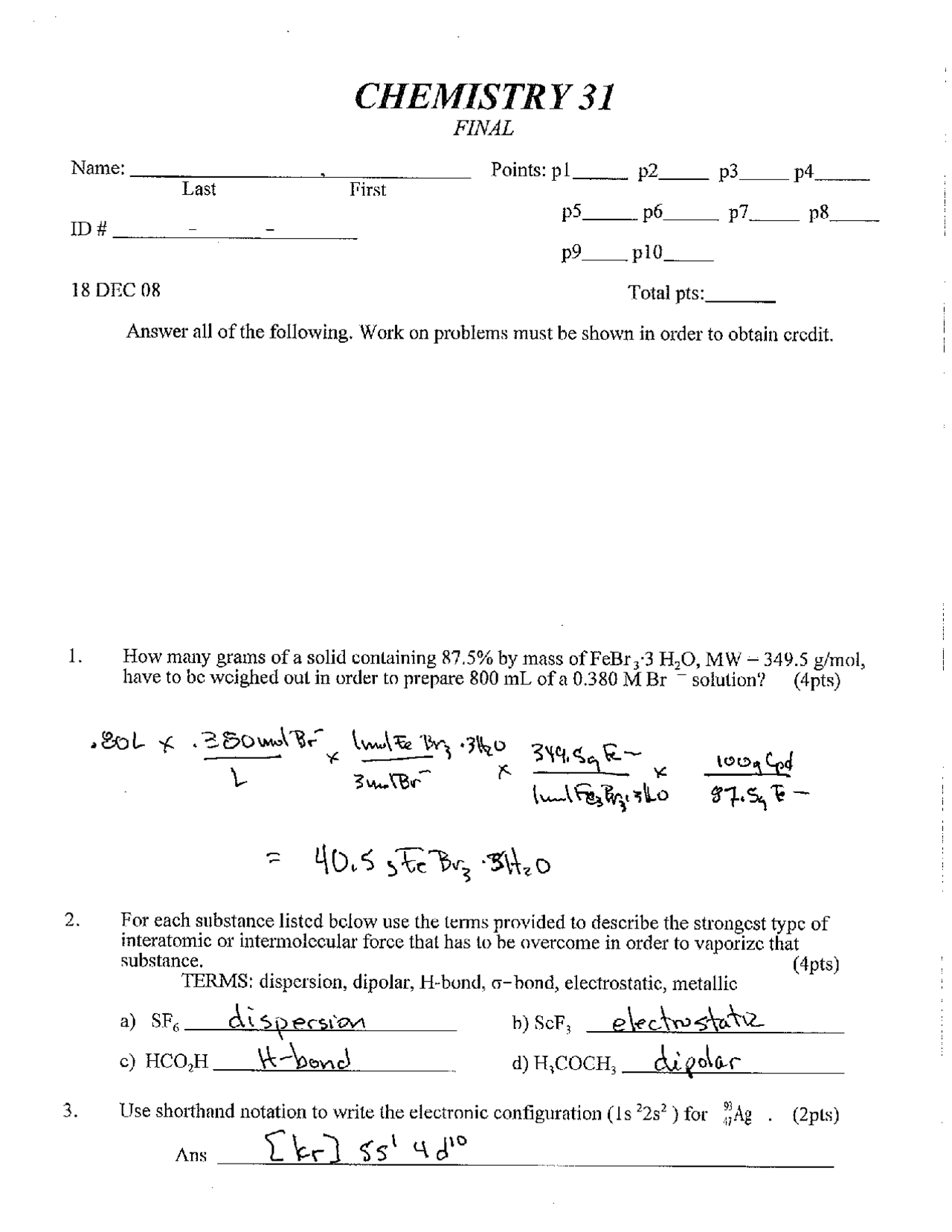 33 Solved Questions on Electronic Configuration - Final Exam | CHEM 031 ...