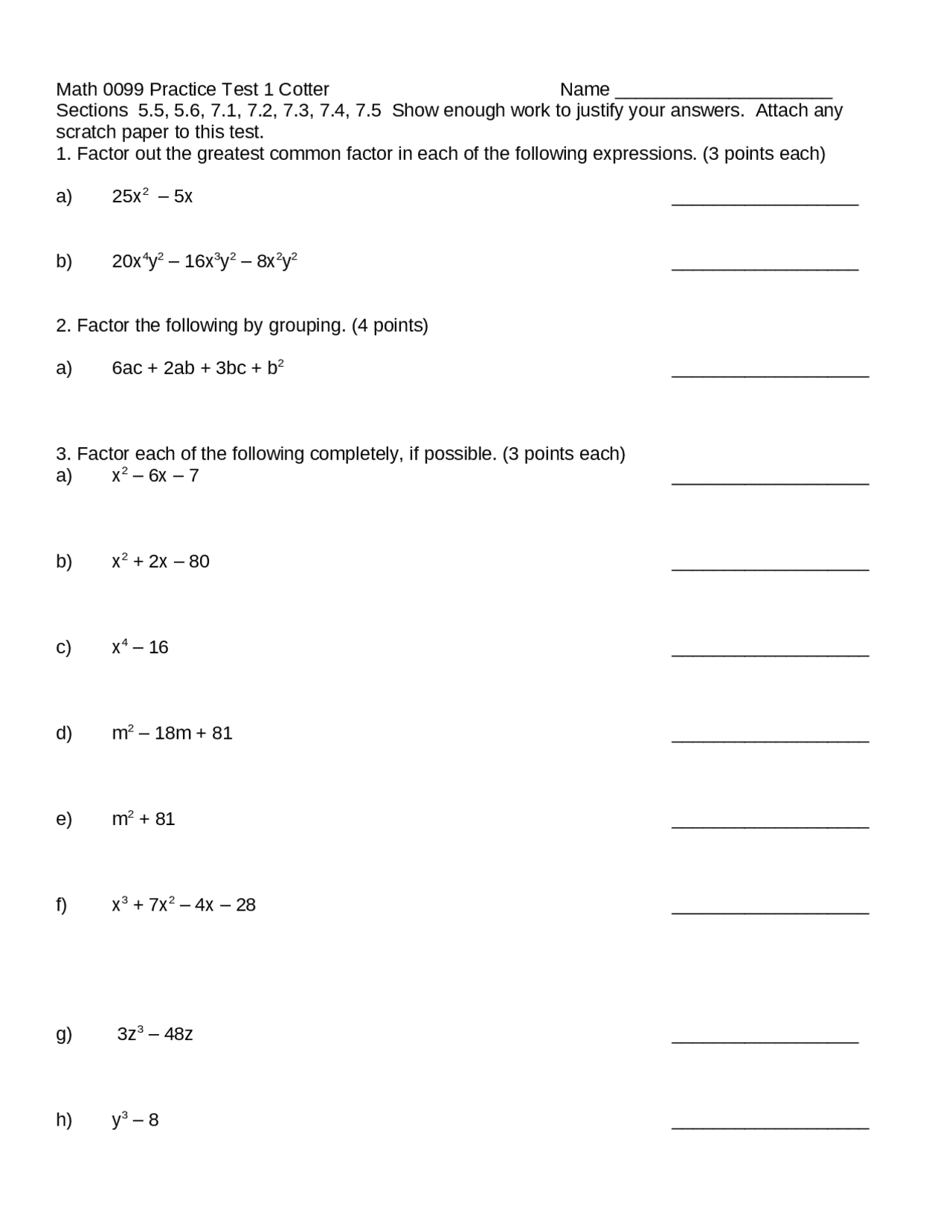 Practice Test 1 For Intermediate Algebra Math 0099 Docsity