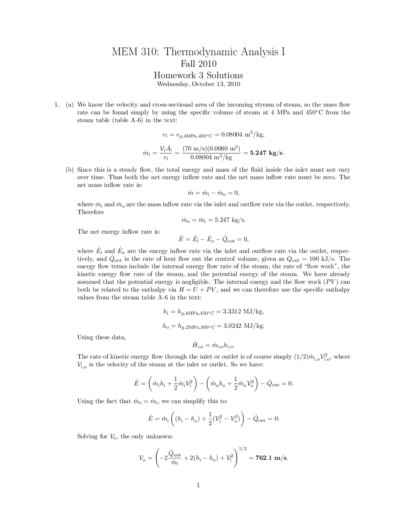 Homework 3 Solutions Thermodynamic Analysis I Mem 310 Docsity