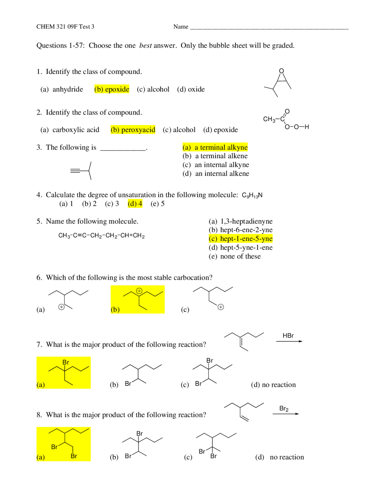 Test 3 With Answers Organic Chemistry I Chem 321 Docsity