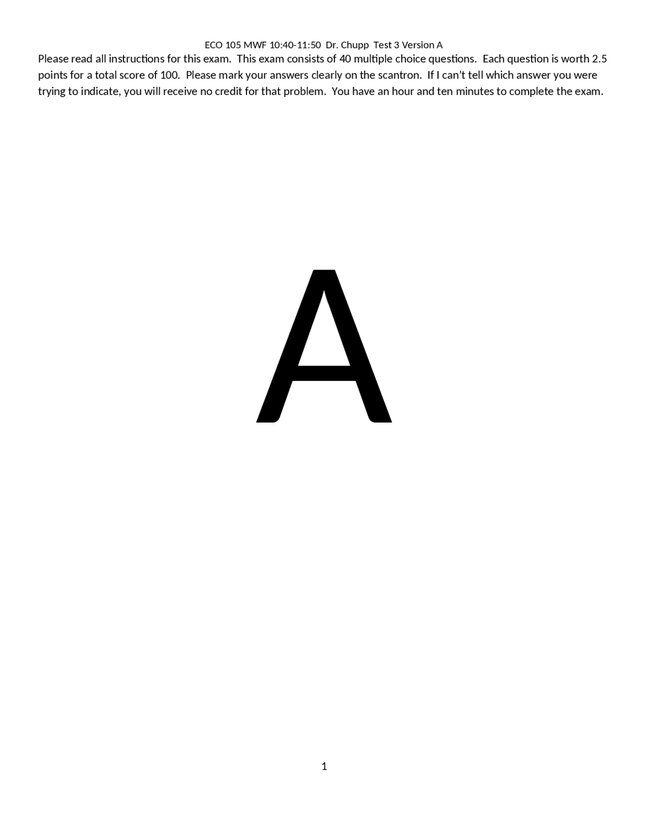 Practice Test 3 Version A Principles Of Economics Eco 10500 Docsity