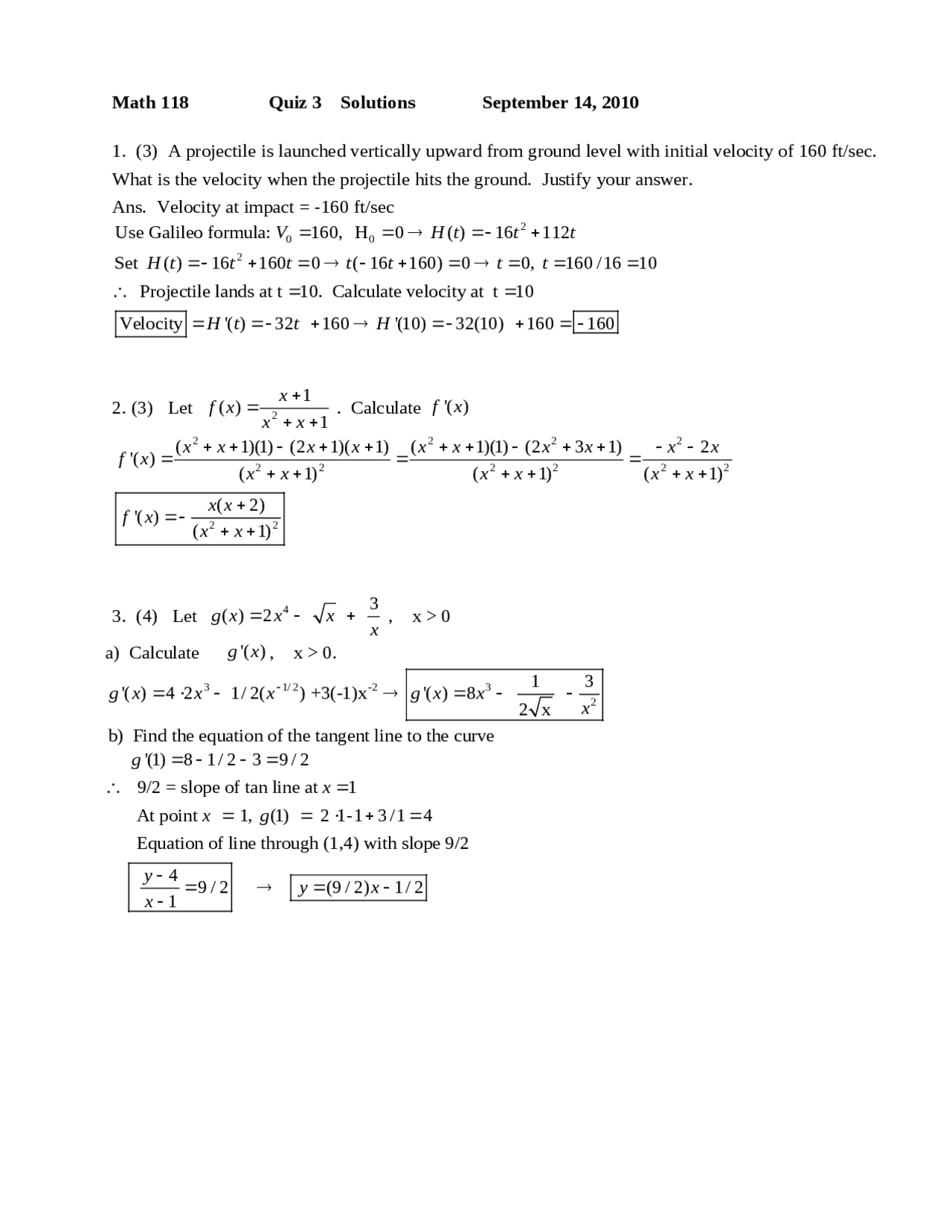 3 Solved Problems On Velocity And Equations Of Tangent Lines Quiz 3