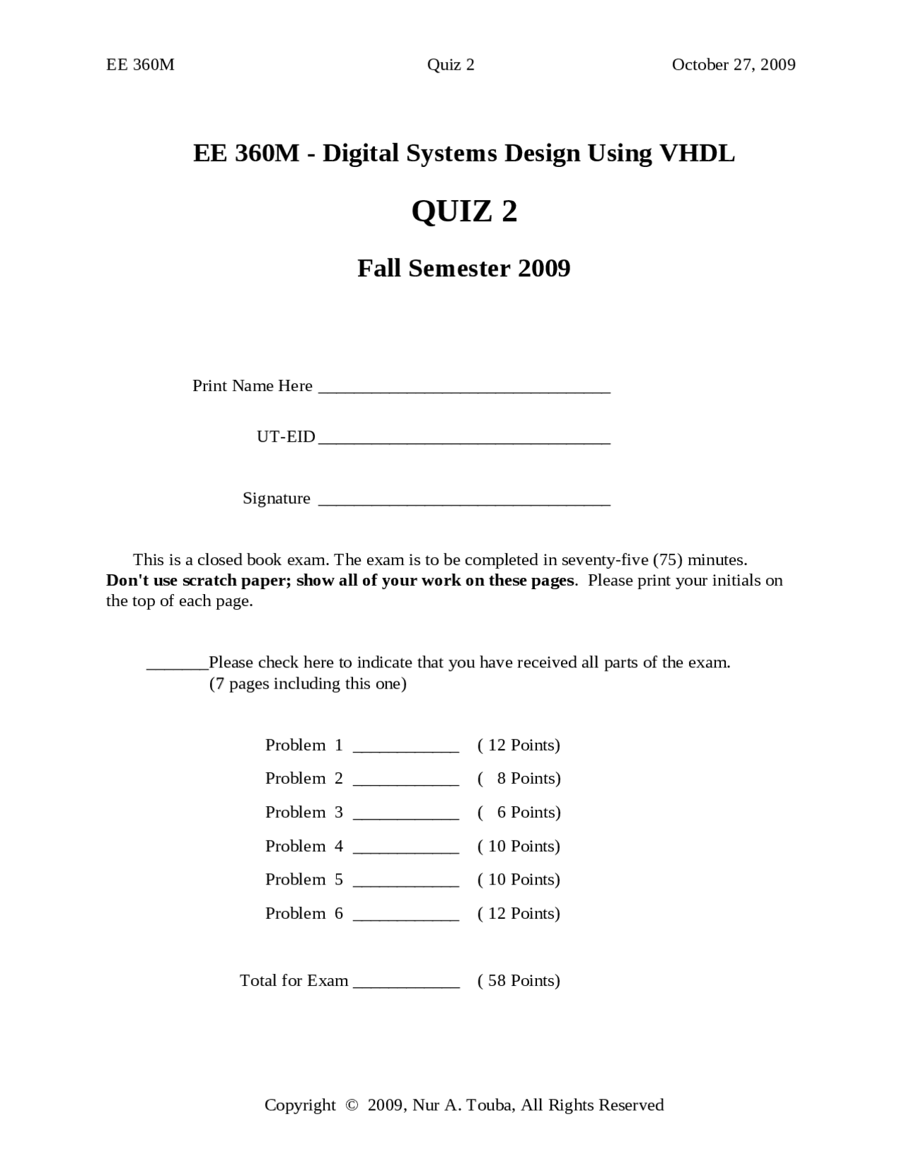 6 Problems On Digital Design System Using Vhdl Quiz 2 E E 360m Docsity