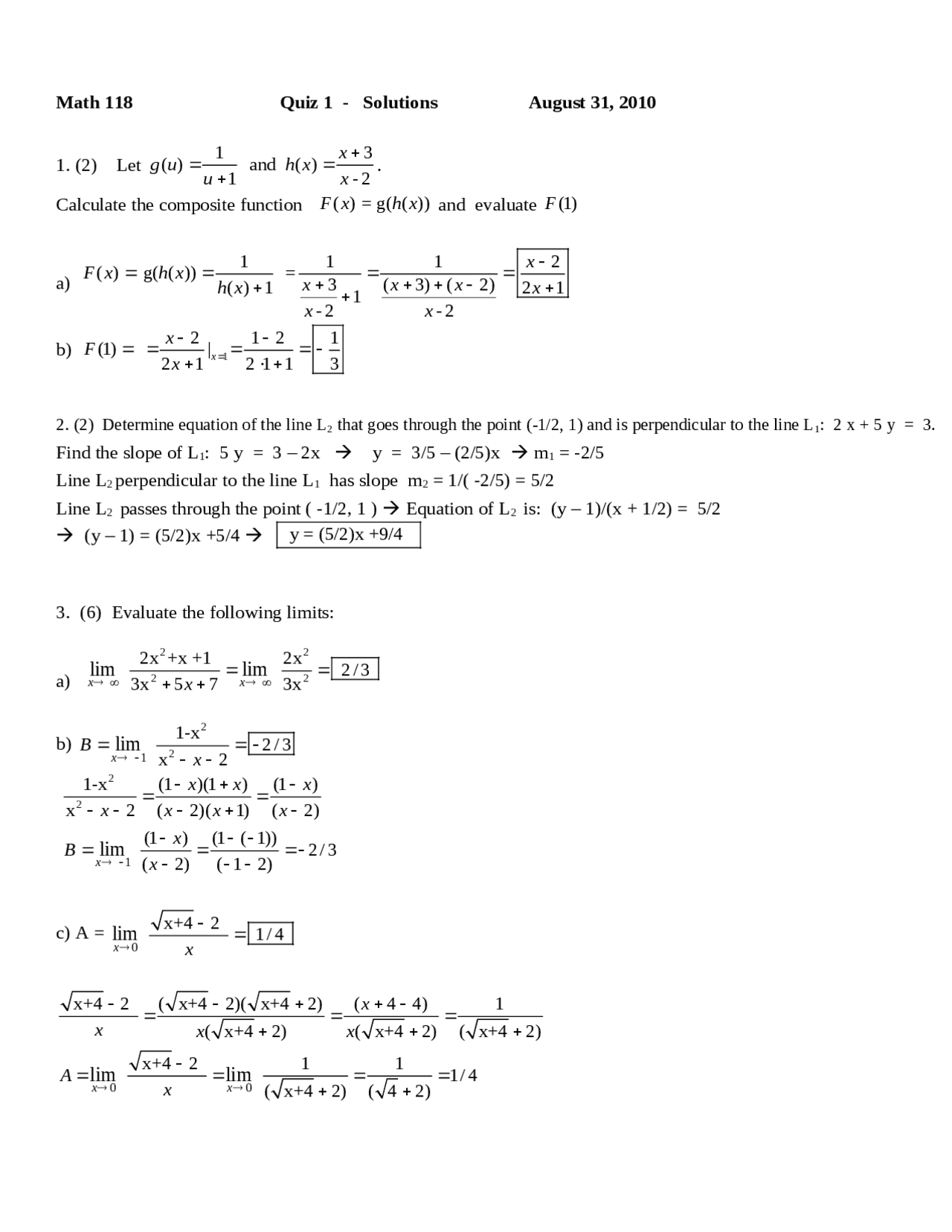 3 Solved Problems on Composite Functions and Limits - Quiz 1 | MATH 118 - Docsity