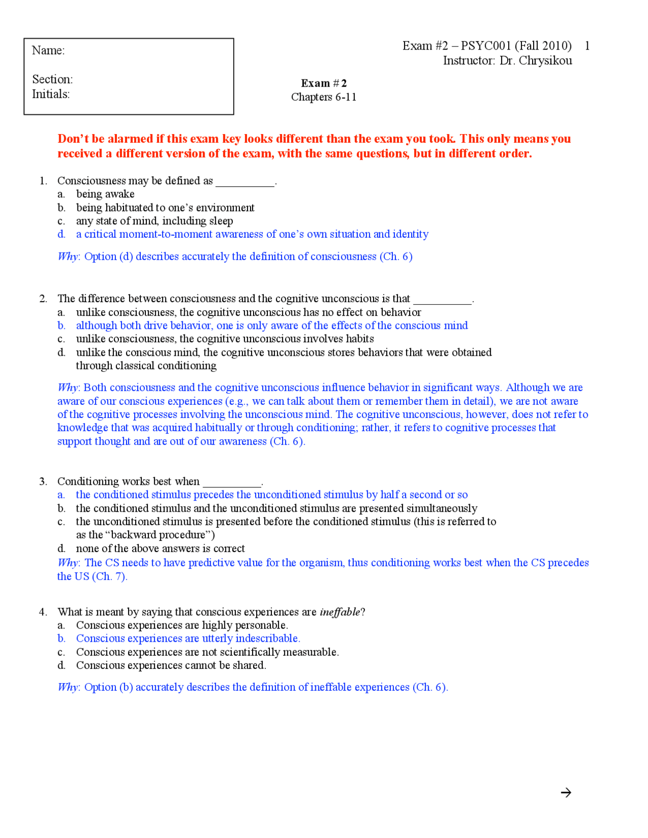 Exam 2 Solved Introduction To Experimental Psychology Psyc 001