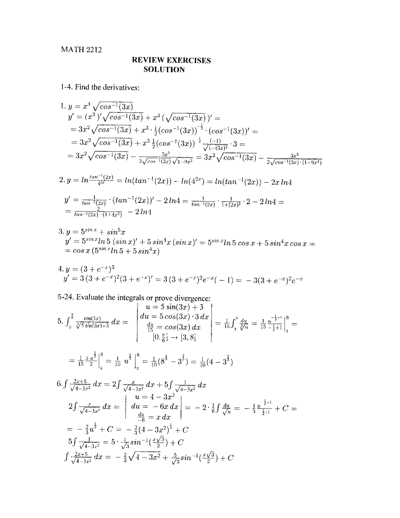Review Exercise With Solutions Calculus Of One Variable Ii Math 2212 Docsity