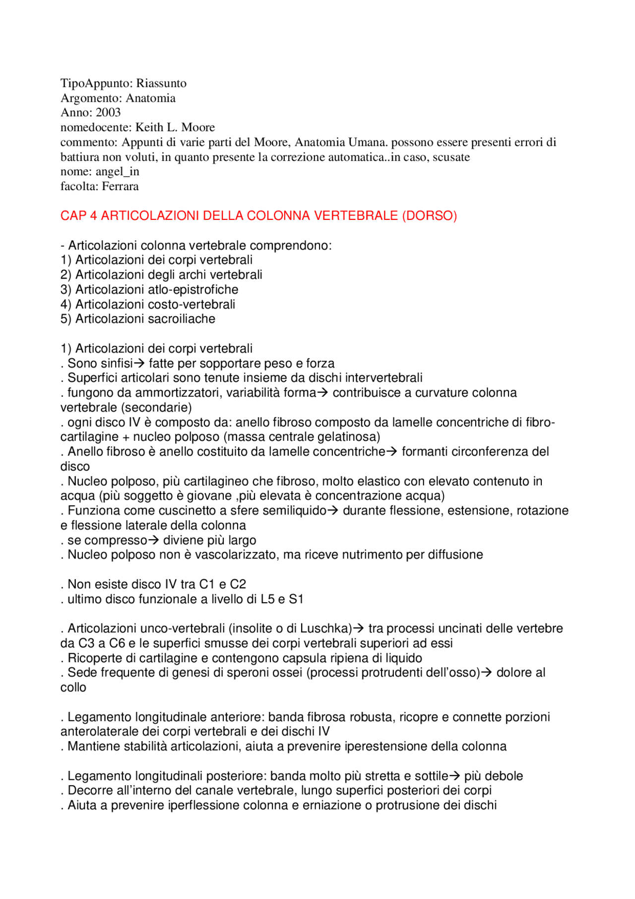 Anatomia Umana Moore Cap 4 Riassunti Docsity