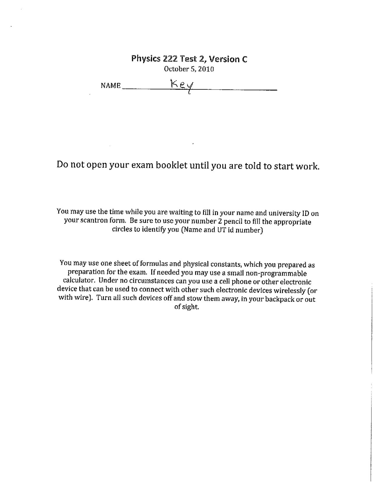 Elements of Physics - Solutions for Exam 2 Form C | PHYS 222 | Exams Physics | Docsity