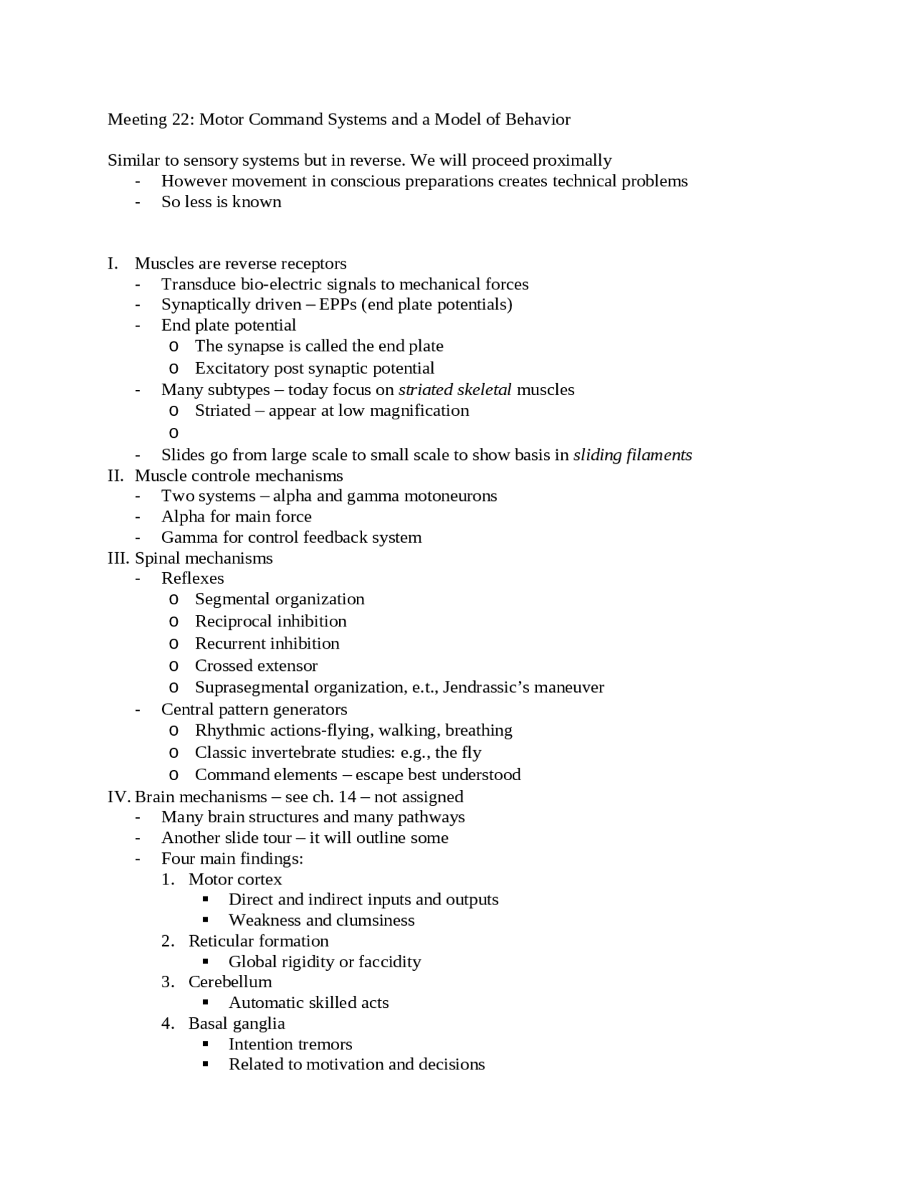 Motor Command Systems and a Model of Behavior - Lecture Notes | PSY ...