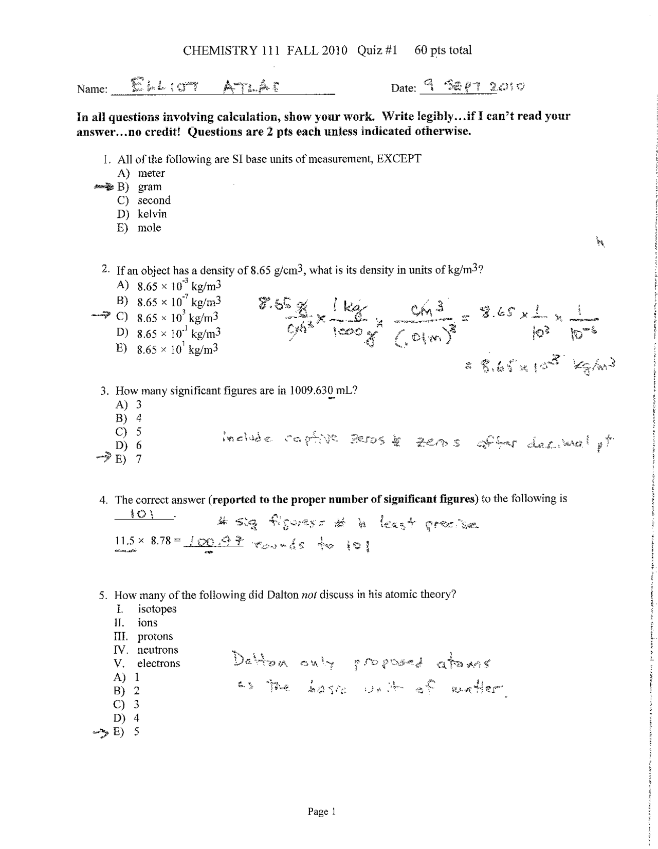 Quiz 1 With Answer Key Principles Of Chemistry I Chm 111 Docsity