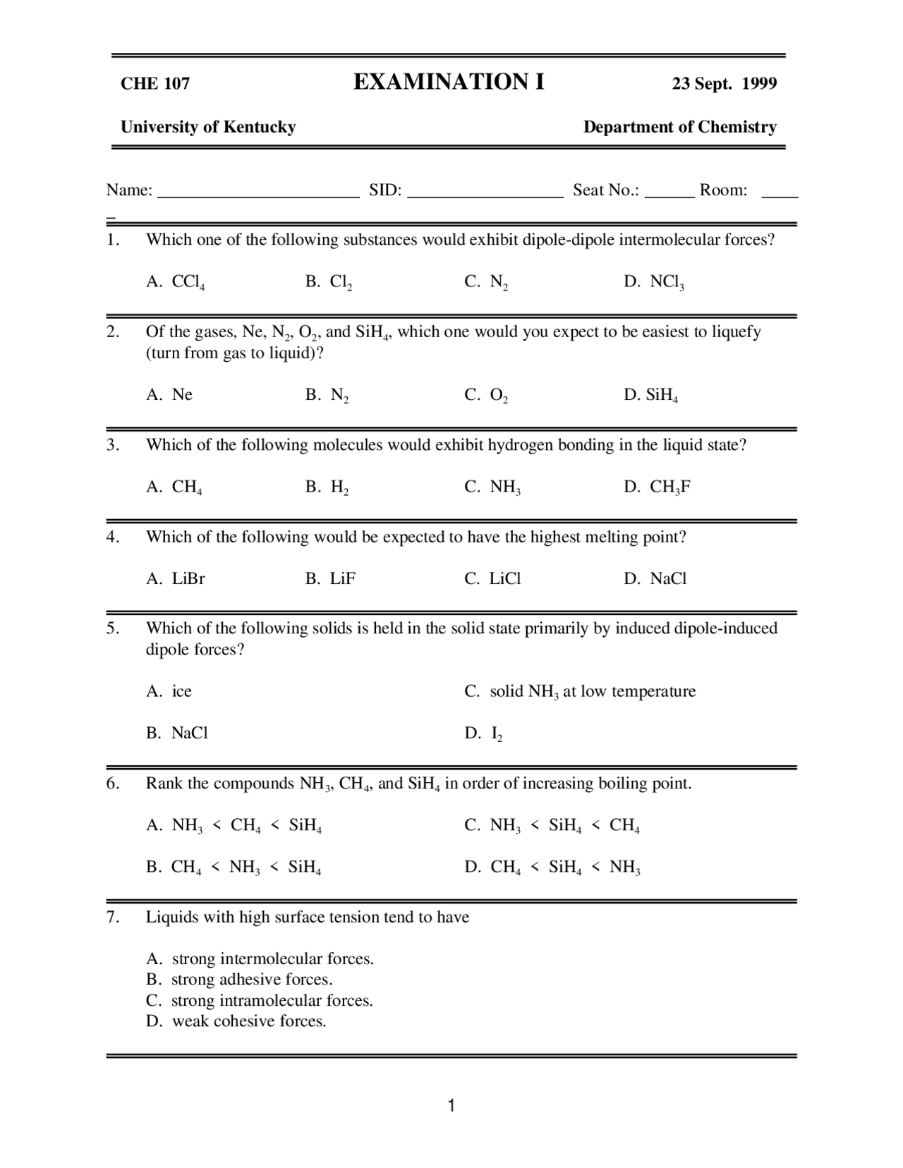 25 MCQs on General College Chemistry II - Test 1 | CHE 107 - Docsity