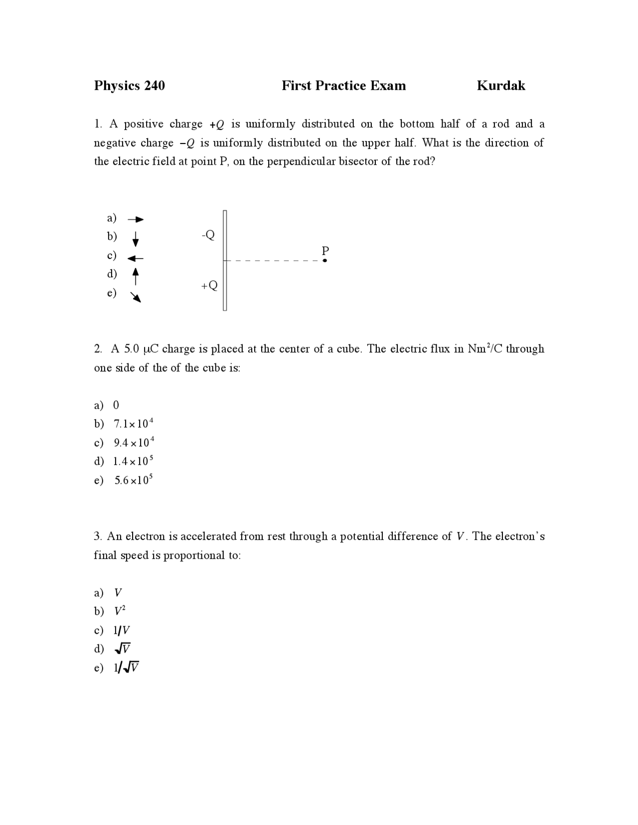 Practice Exam 1 With Answers Key General Physics Ii Physics 240