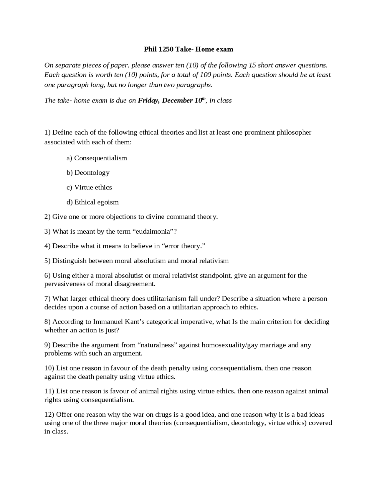 Take Home Exam For Contemporary Moral Issues Phil 1250 Docsity