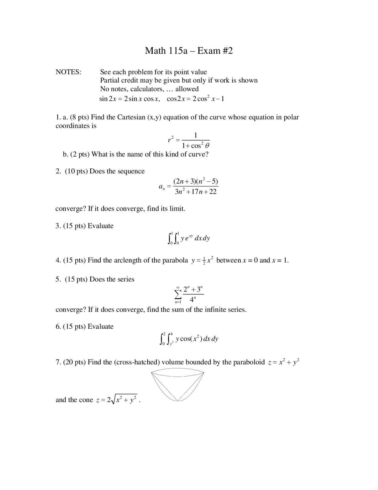 7 Questions On Calculus Of Functions Of One Variable Ii Exam 2 Math