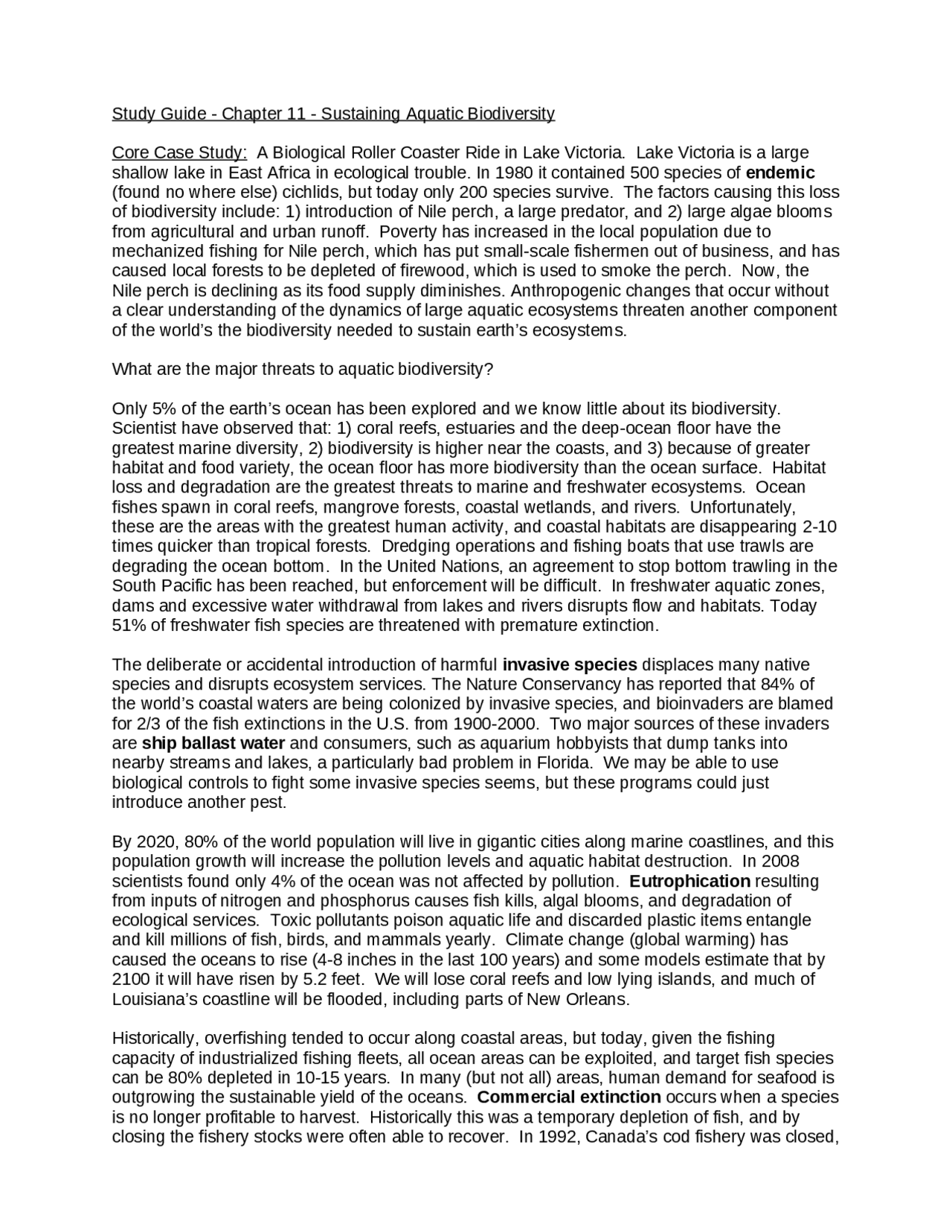 Notes On Sustaining Aquatic Biodiversity Rnr 1001 Docsity