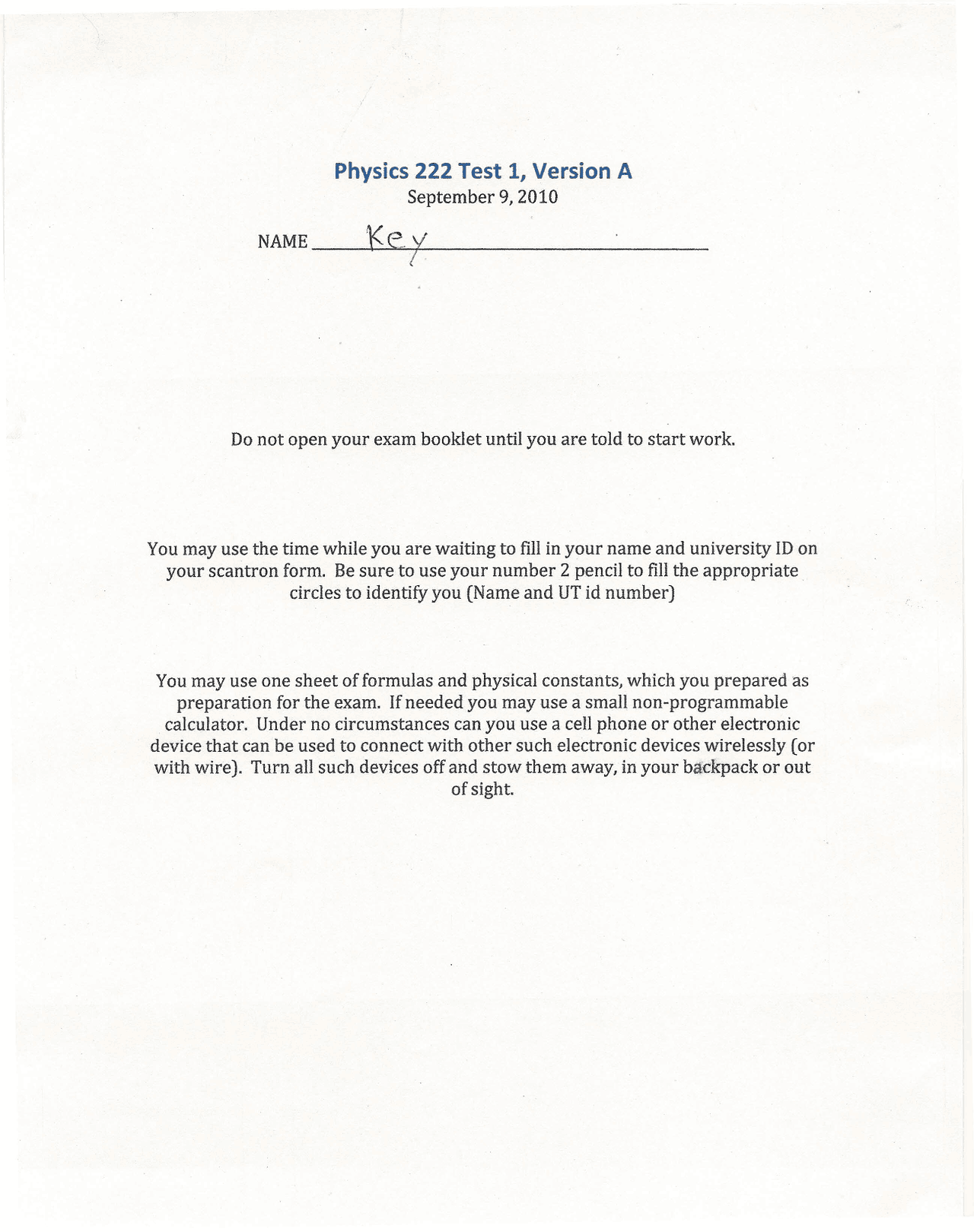 Exam 1 Form A with Resolution - Elements of Physics | PHYS 222 - Docsity