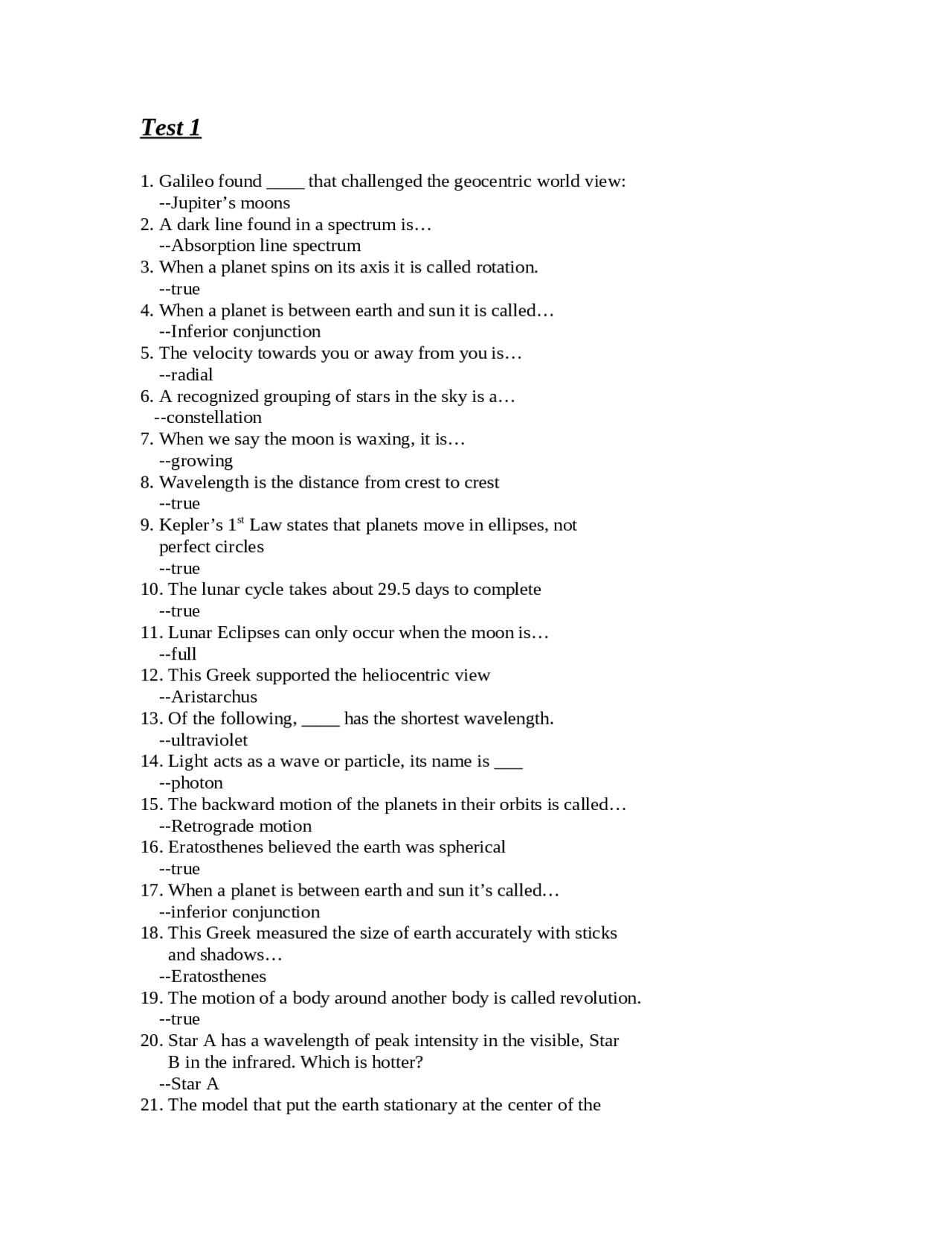 Practice Test 1 Review Questions Descriptive Astronomy Phy 1455