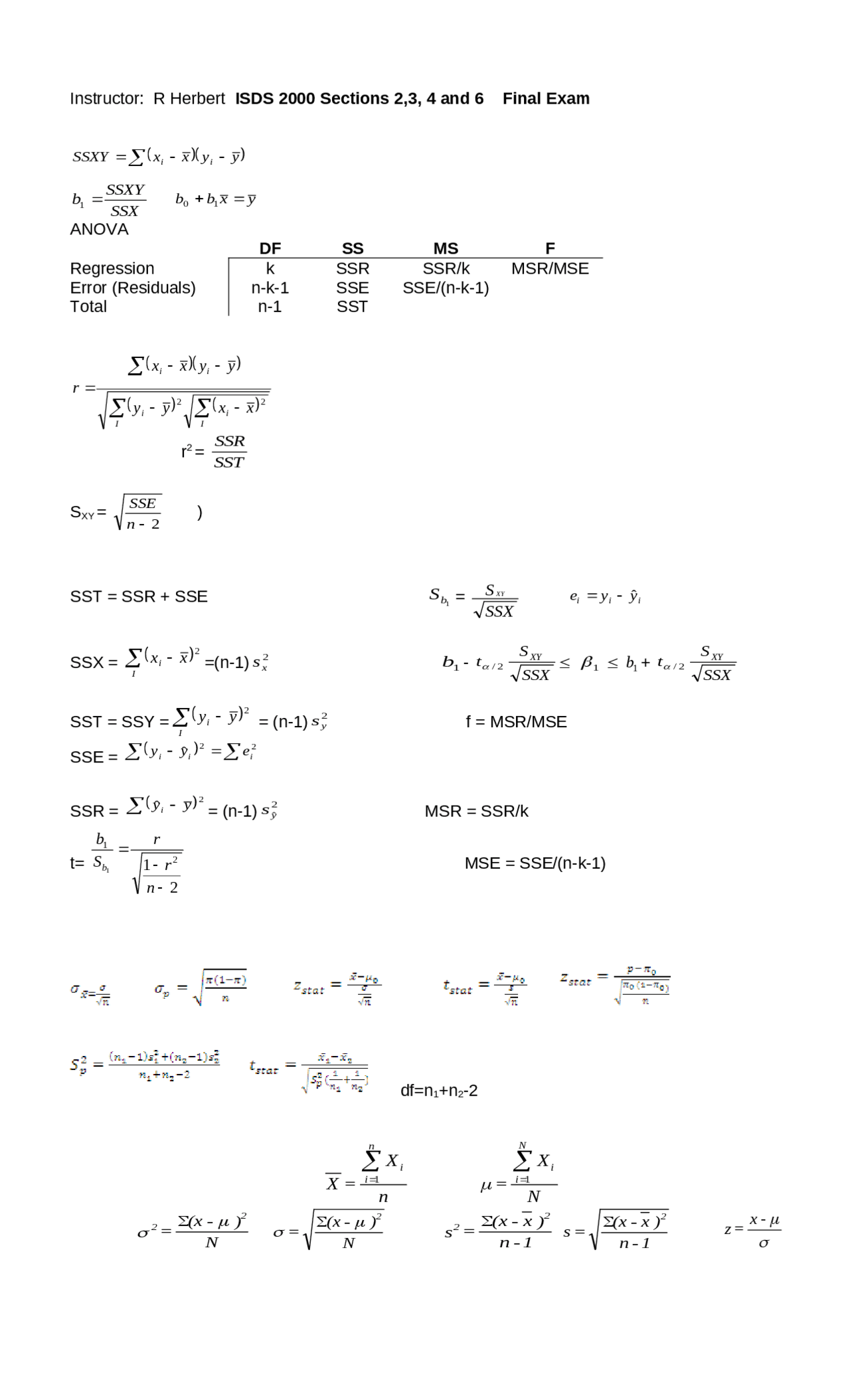 Introduction to Bus Statistics - Formulas for Final Exam | ISDS 2000 ...