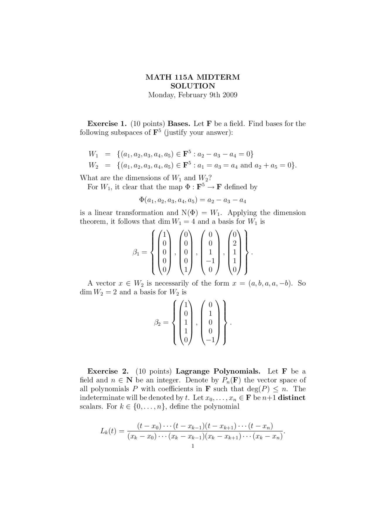 Midterm 1 Practice 4 Problems With Solution Of Linear Algebra Math