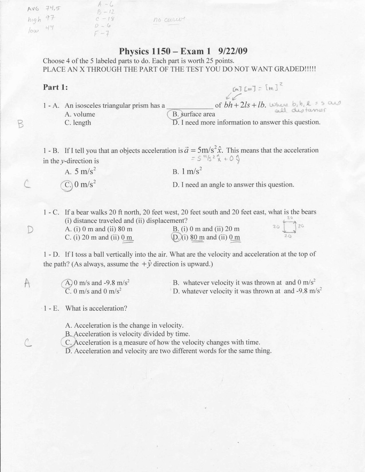 Analytical Physics I Solutions For Exam 1 Phy 1150 Docsity