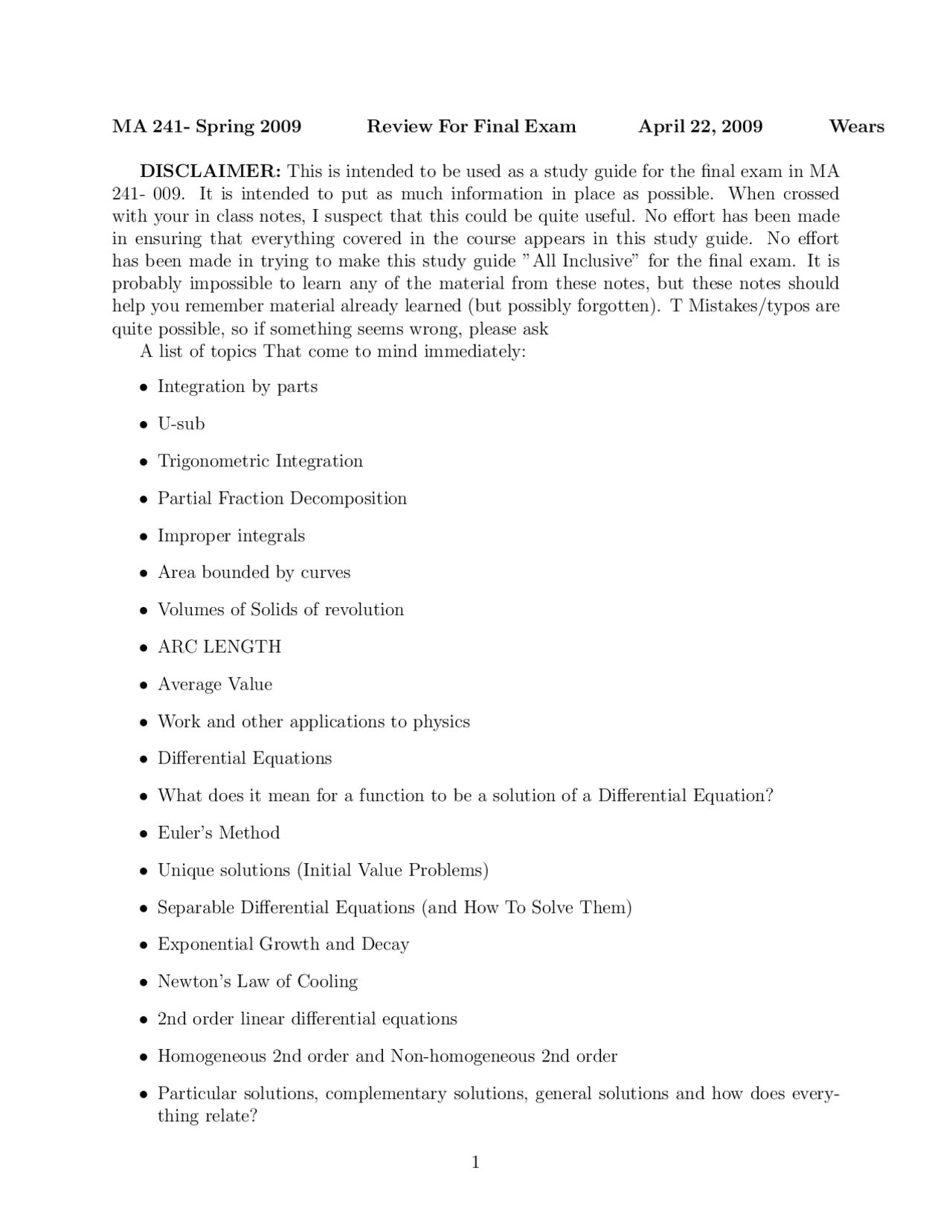 Calculus II - Review Sheet For Final Exam 1 | MA 241 | Study notes ...