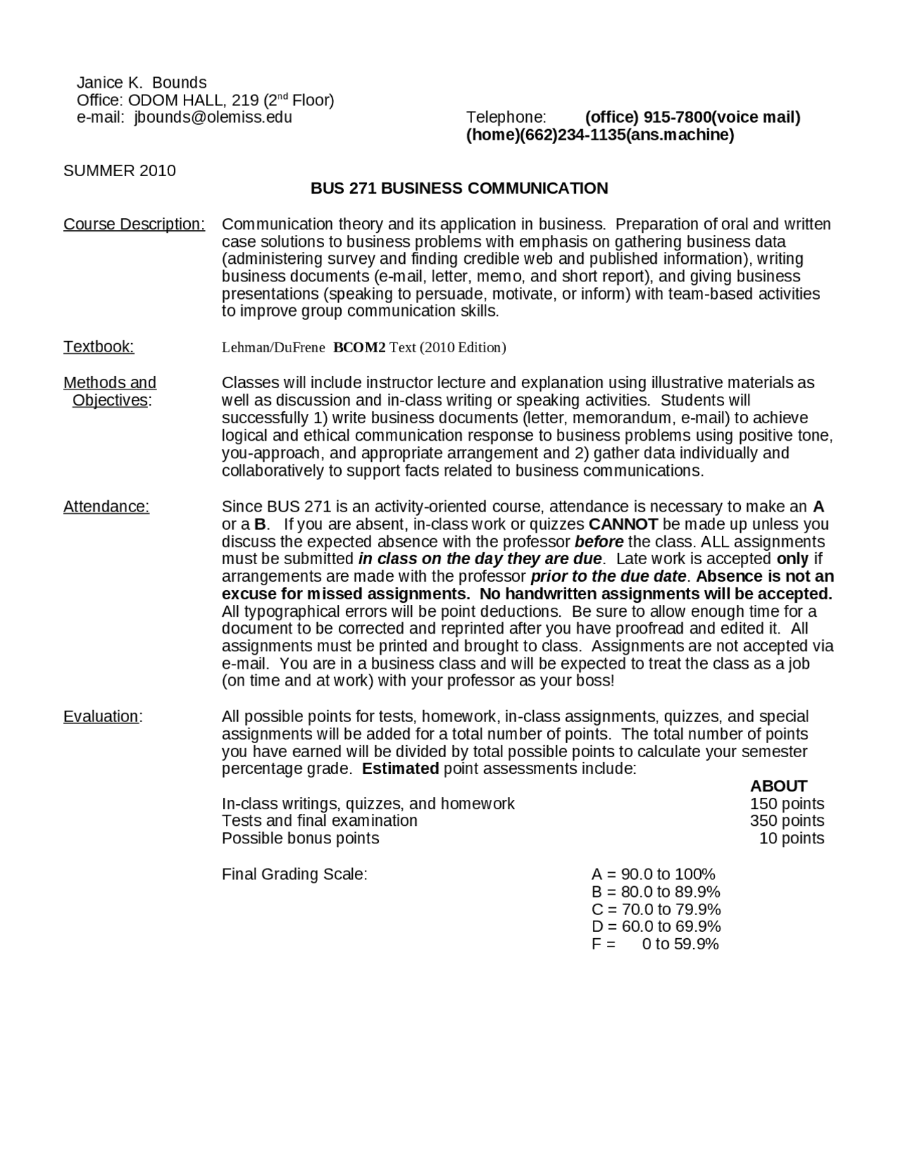 Syllabus Business Communication Bus 271 Docsity