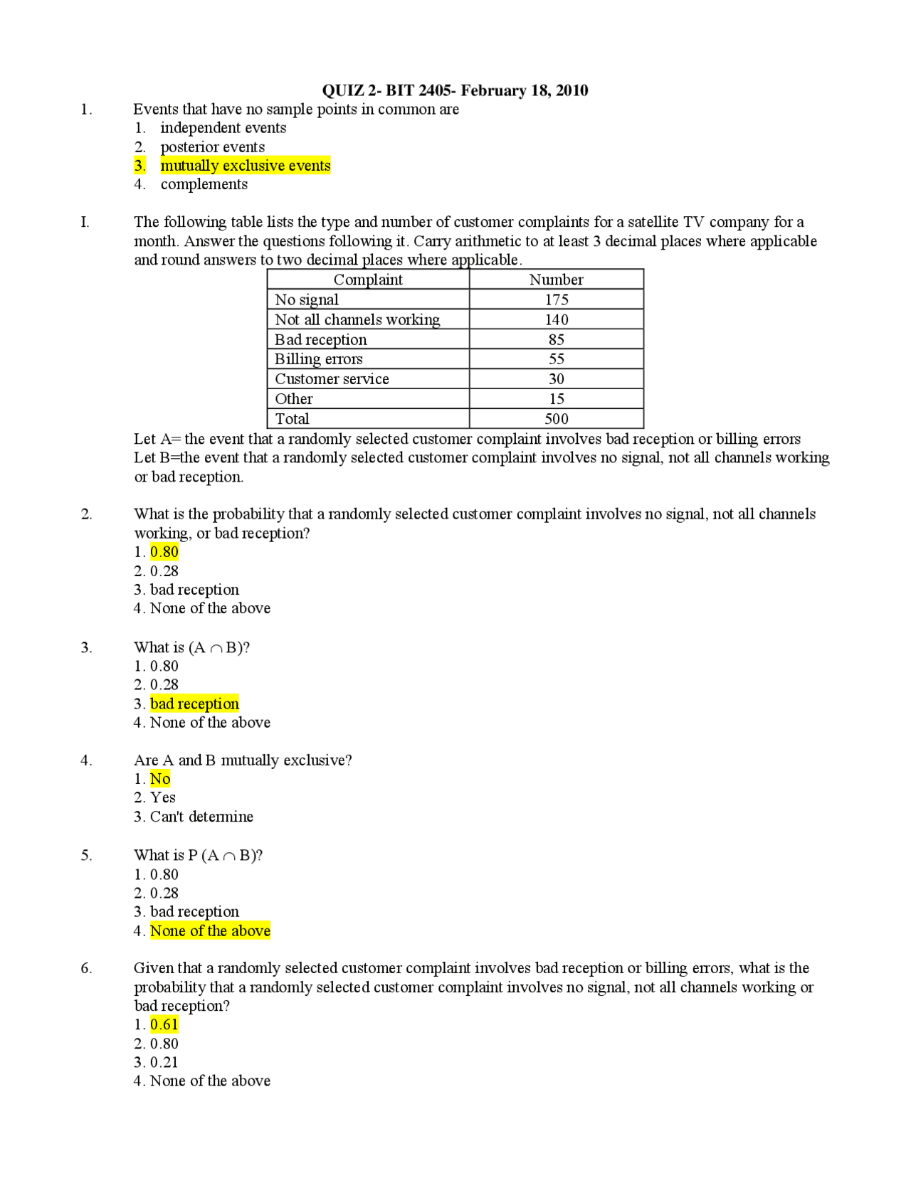 Sample Quiz 2 With Solutions For Quantitative Methods Bit 2405 Docsity