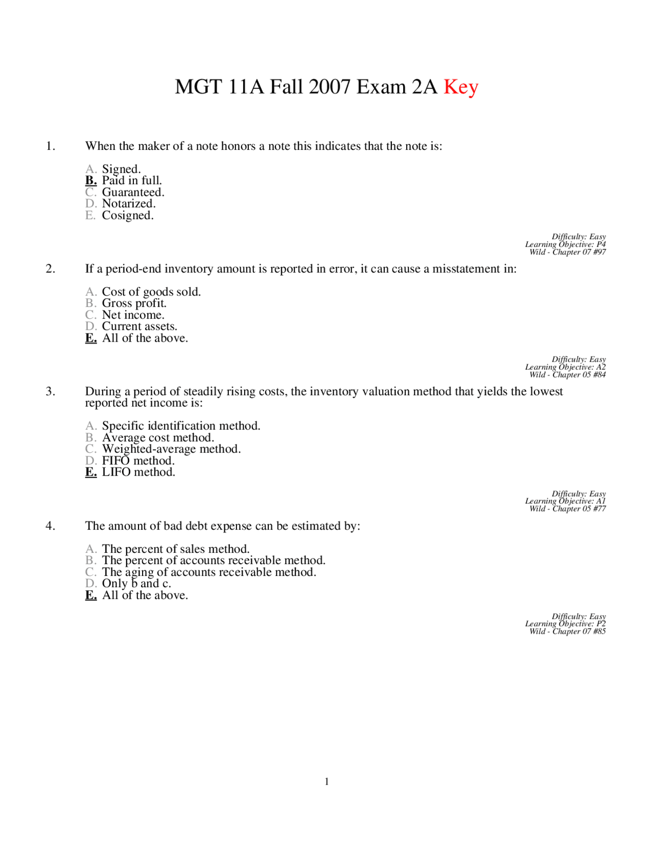 Test 2 Multiple Choice Questions with Answers - Elementary Accounting ...
