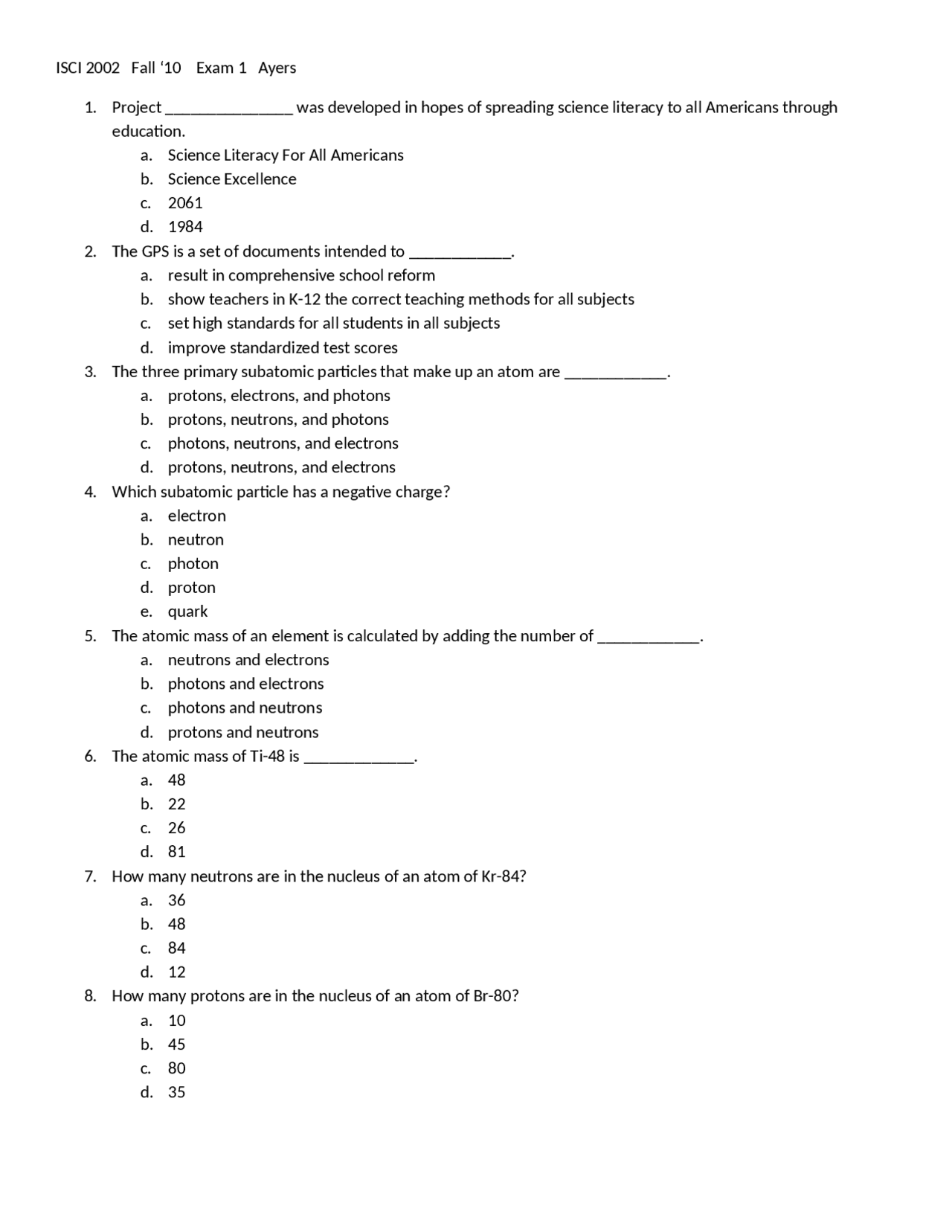 Exam 1 With 40 Multiple Choice Questions Physical Science Isci 2002