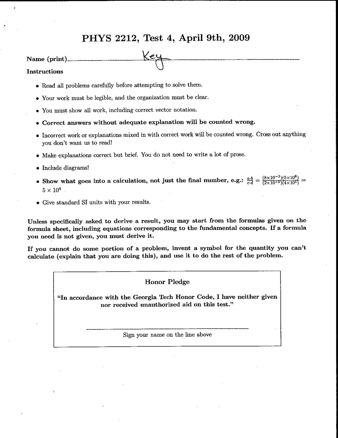 Test 4 With Answers Introduction To Physics Ii Phys 2212 Docsity