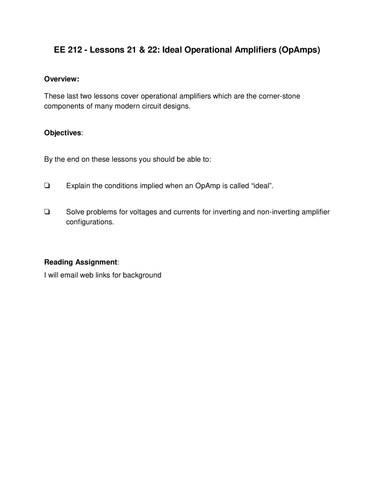 Ideal Operational Amplifiers Lecture Slides E E 212 Docsity