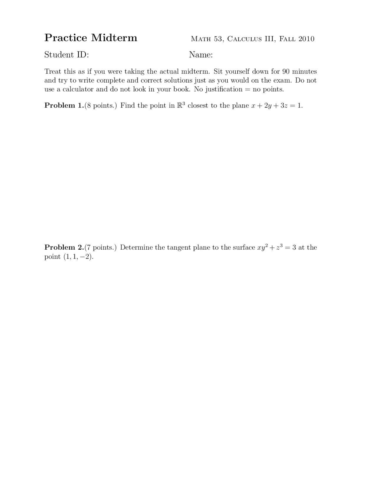 10 Problems of Multivariable Calculus - Practice Midterm | MATH 53 ...