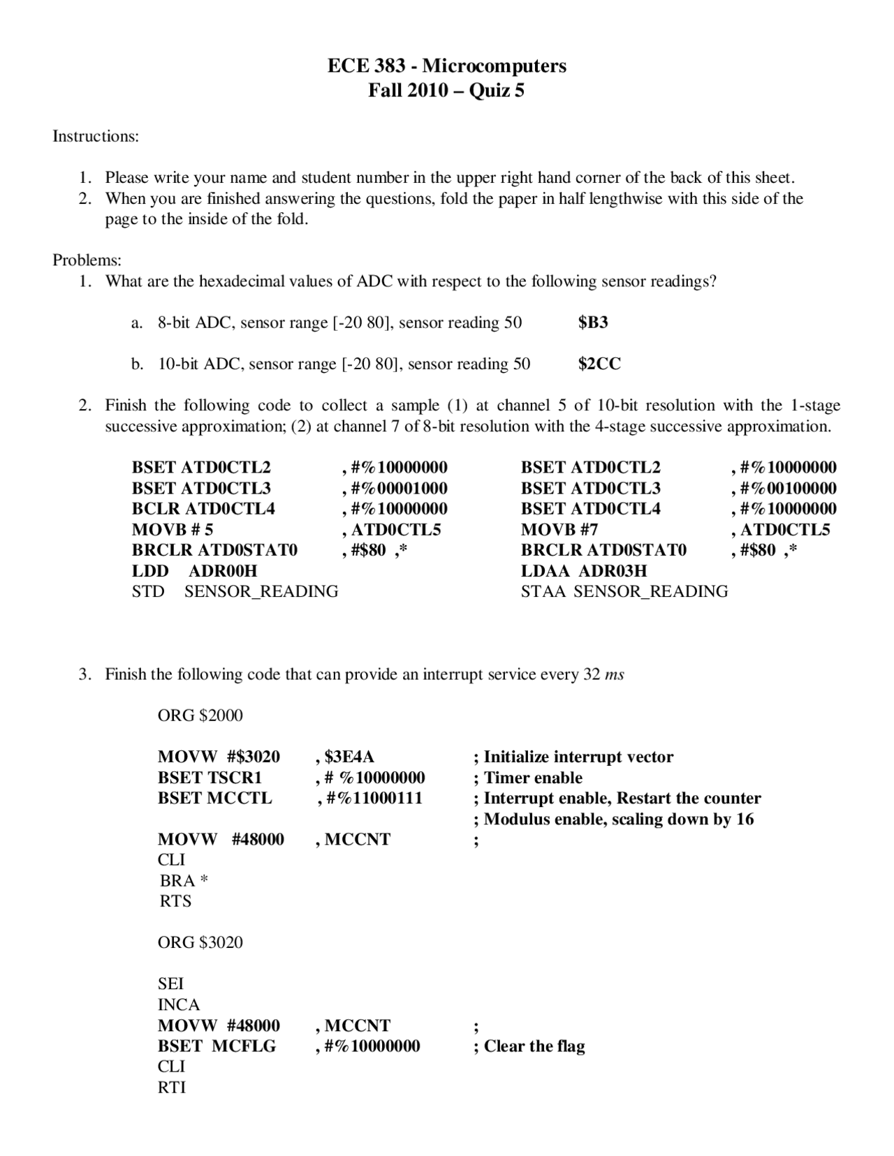 Quiz 5 Solutions For Microcomputers Ece 383 Docsity