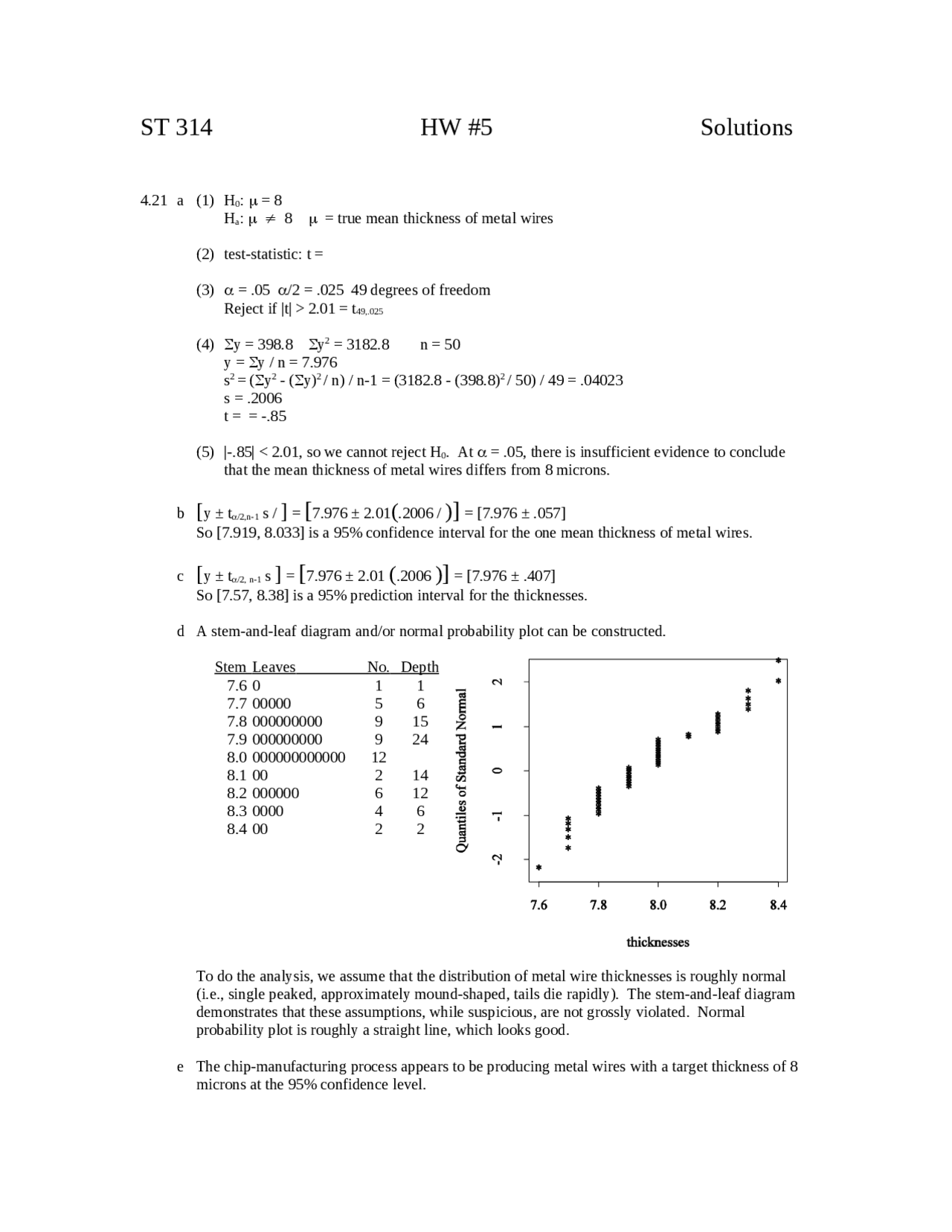 Homework Solutions 5 Introduction To Statistics For Engineers St