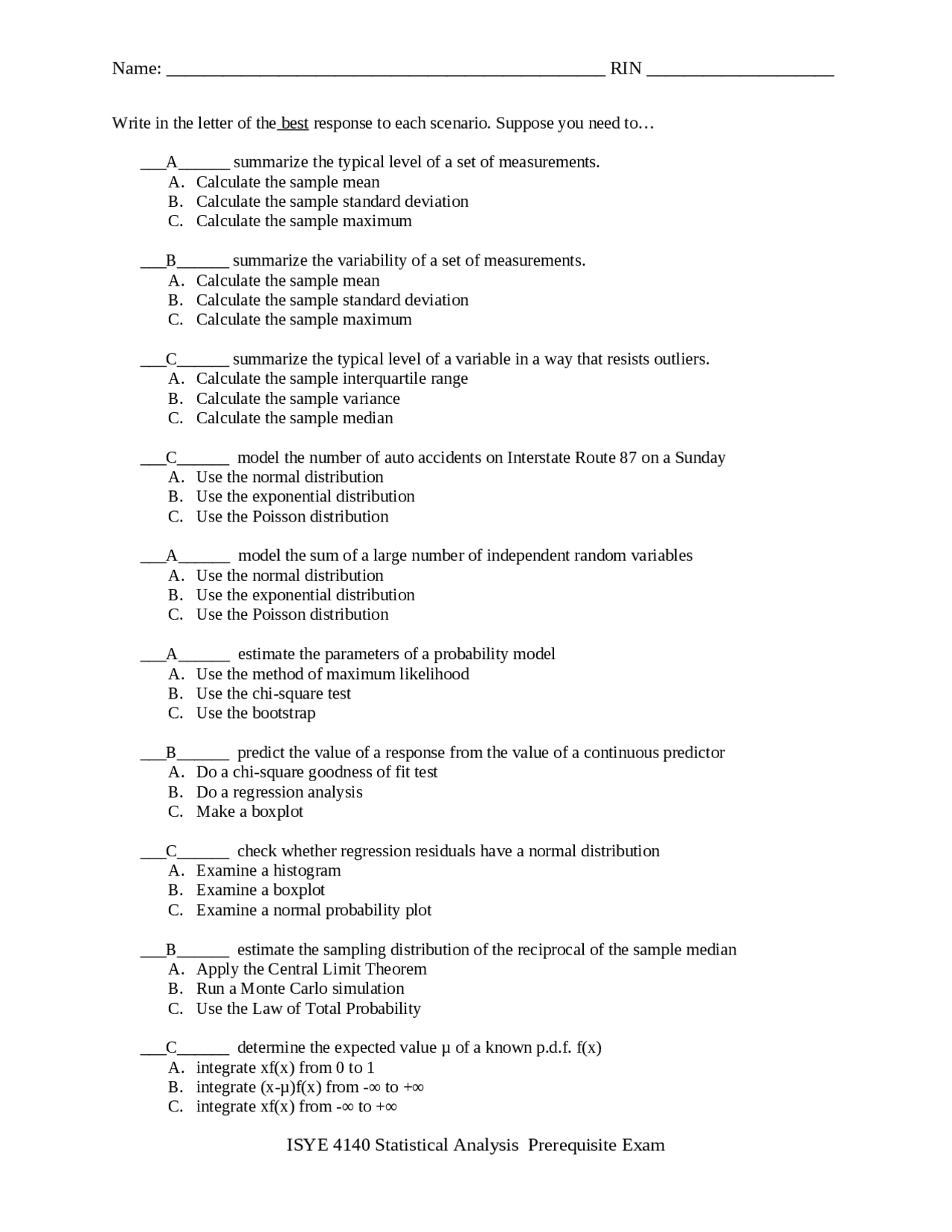 Midterm Exam With Answers Statistical Analysis Isye 4140 Docsity