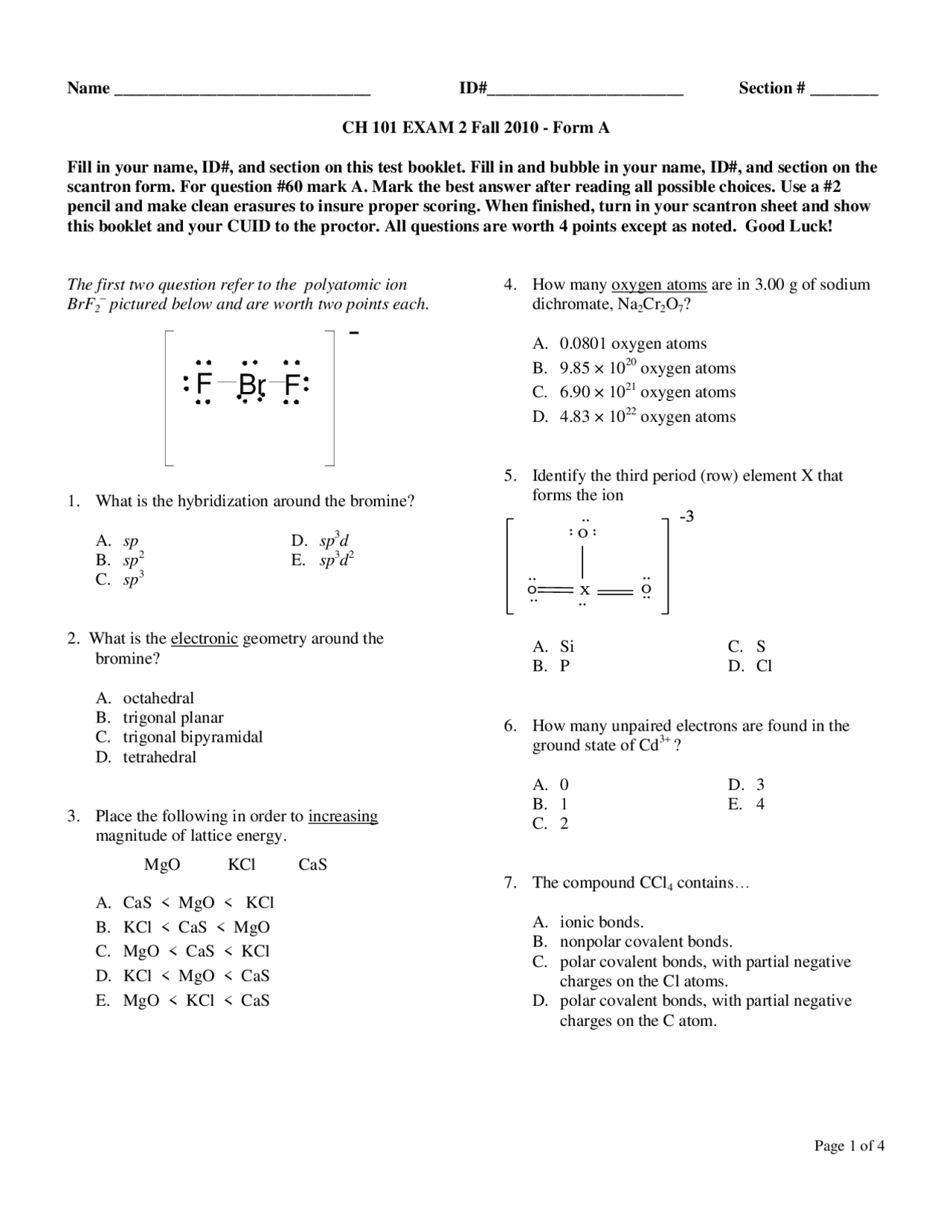 Chemistry Exam with Questions on Atomic Structure, Hybridization, and ...