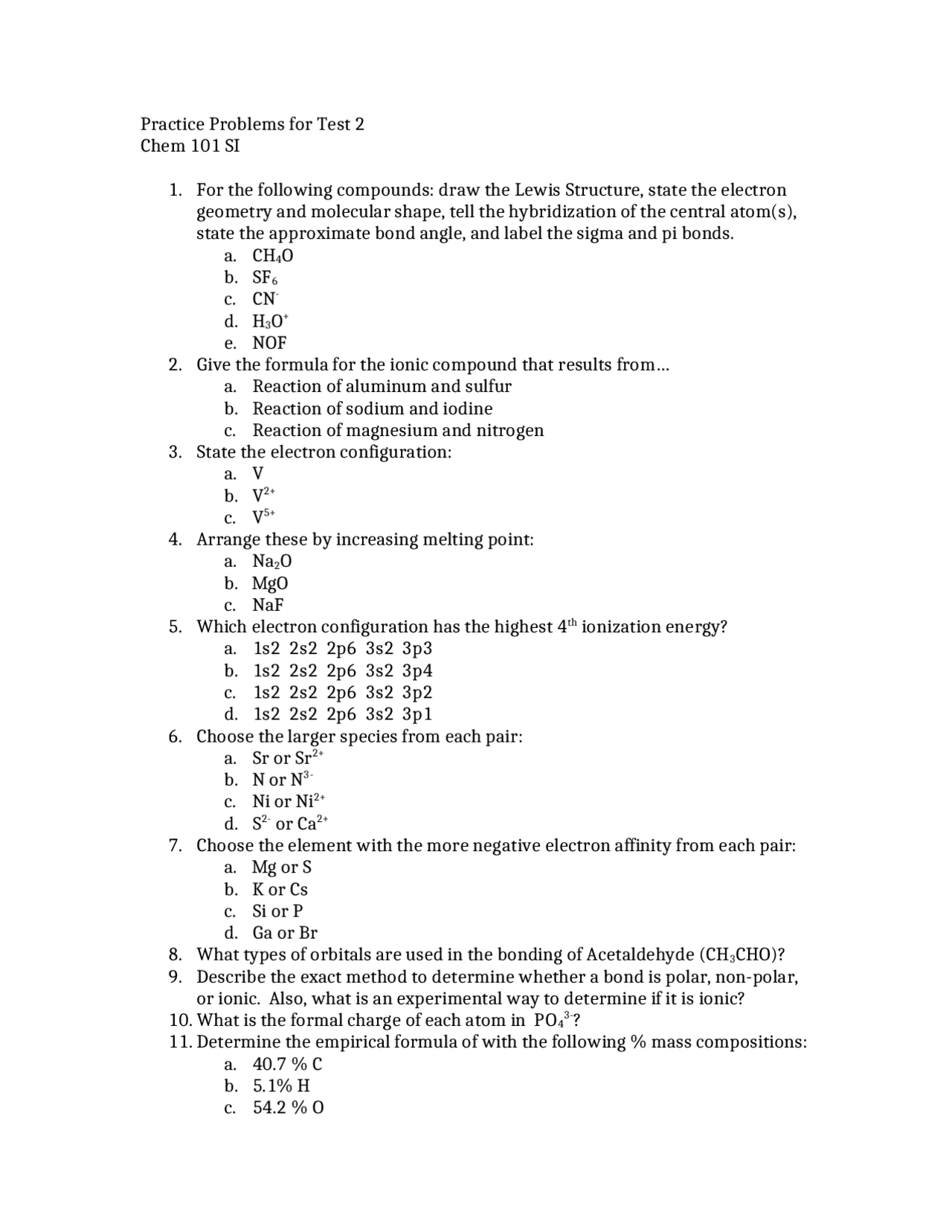 Test 2 Practice For General Chemistry Ch 101 Docsity
